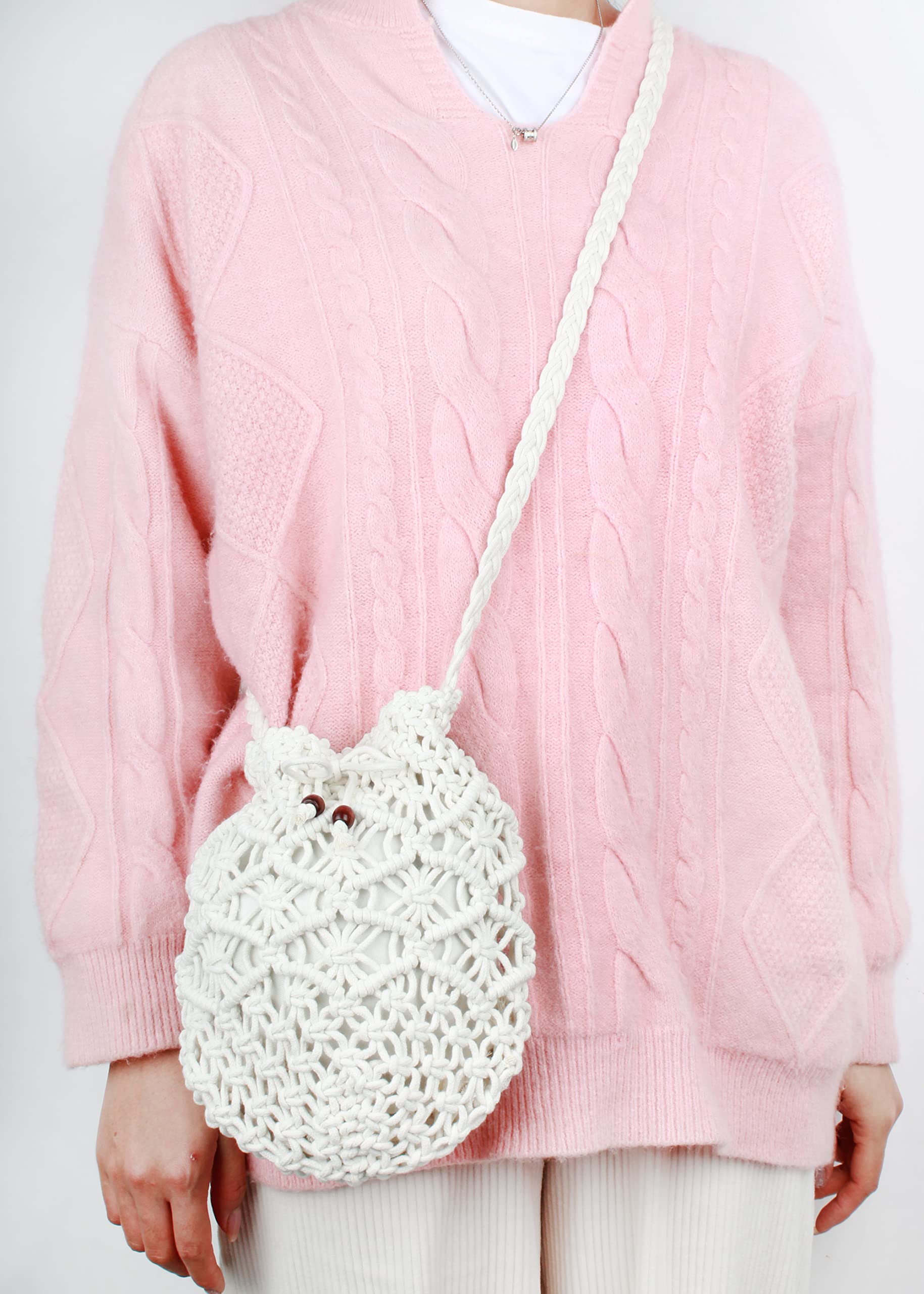 Meyaus Women Mini Cotton Crochet Crossbody Bag Summer Beach Shoulder Bag Drawstring Purse