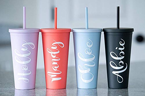 Tumblers with Lids (4 pack) 22oz Pastel Colored Acrylic Cups with Lids and Straws | Double Wall Matte Plastic Bulk Tumblers With FREE Straw Cleaner! Vinyl Customizable DIY Gifts