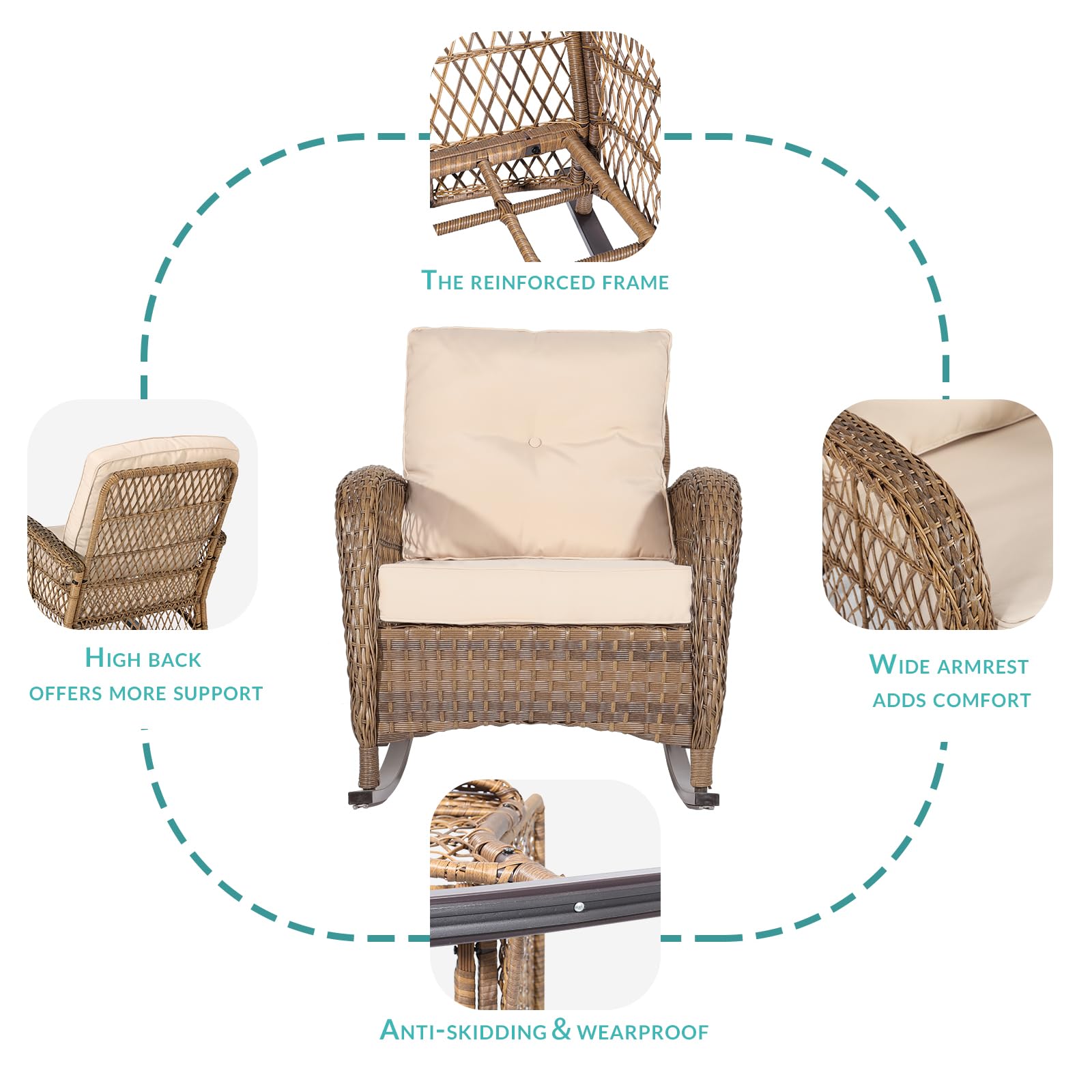 MEETWARM Outdoor Wicker Rocking Chair, Rattan Patio Rocker Chairs with Cushions and Steel Frame - Beige