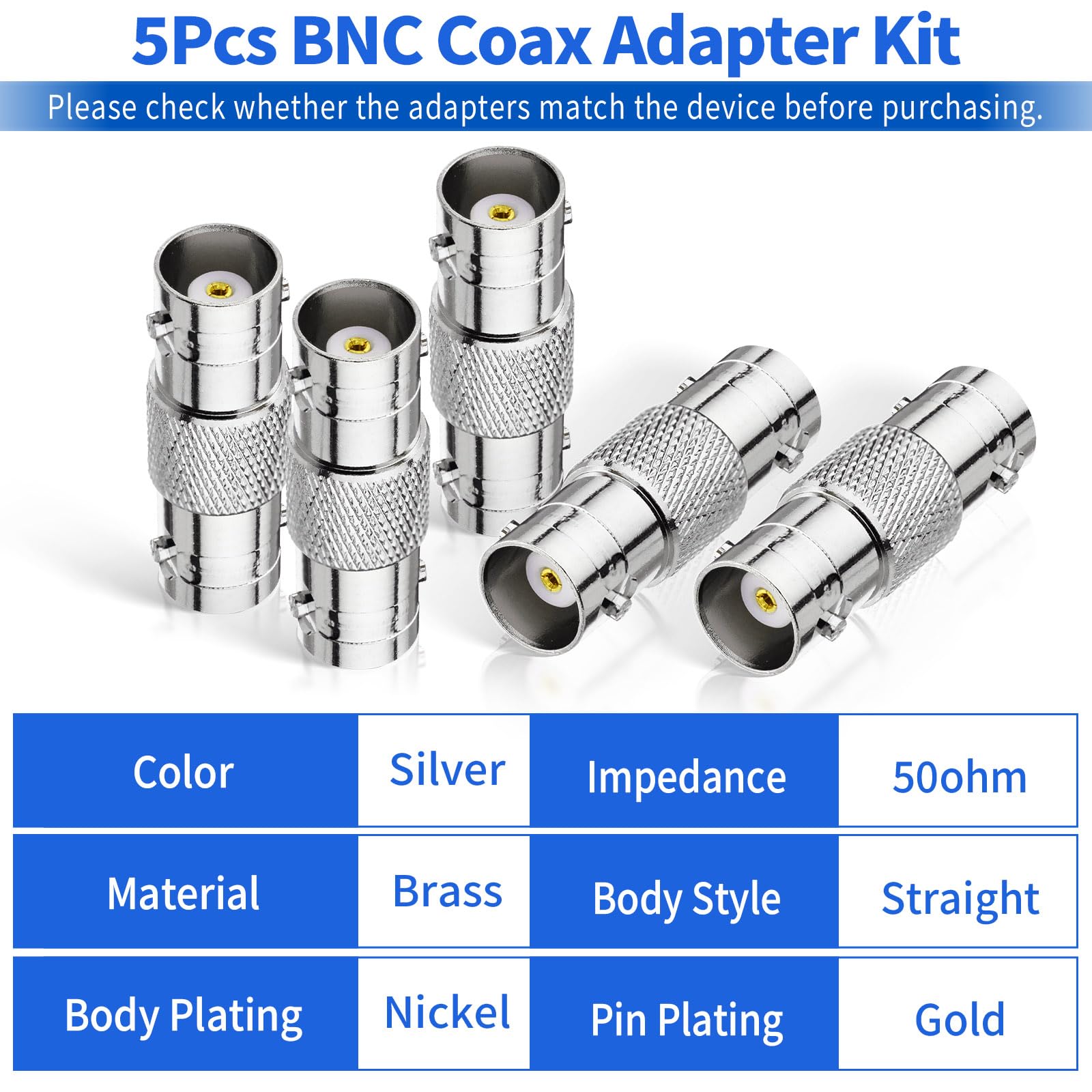 Superbat BNC Adapter BNC Female to BNC Female Barrel Straight RF Coaxial Connector for HD CCTV DVR Surveillance System Video Camera Broadcast Applications 5pcs