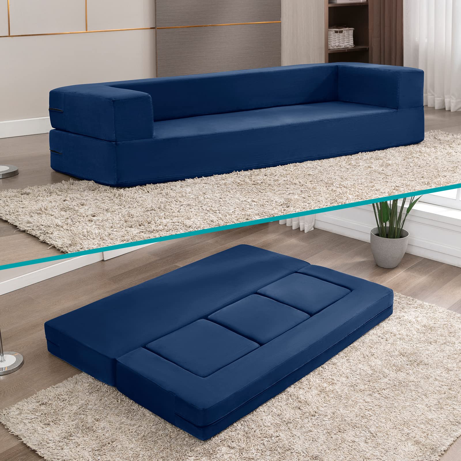 BALUS Folding Bed Couch, Sleeper Foam Sofa Bed, Cushioned Foam Mattress Comfortable Sofa, Floor Couch Sleeper Sofa Foam with 3 Ottomans for Living Room/Bedroom/Guest Room/Home Office (Blue)
