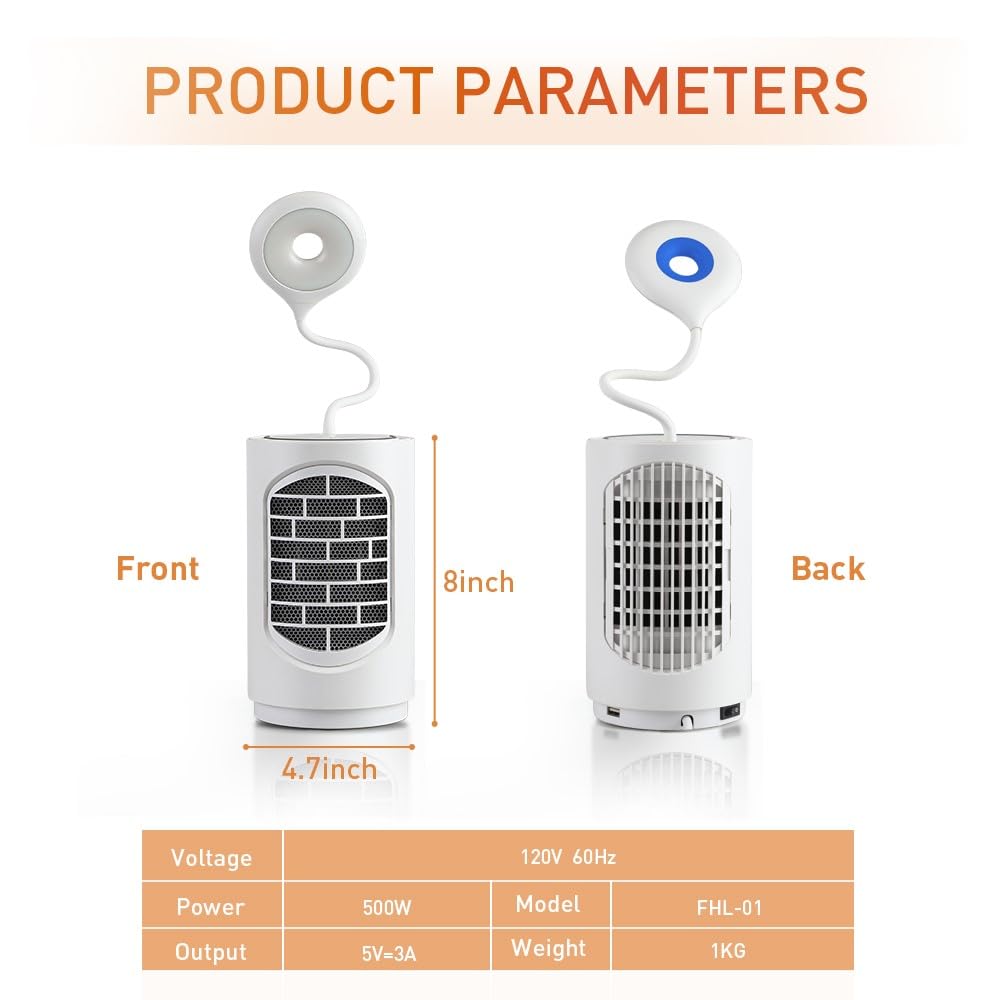 ibo Electric Space Heater Ceramic Small Heater with LED Light, 500W Heater Fan 4 in 1 Desk Heater for Home Office and Indoor
