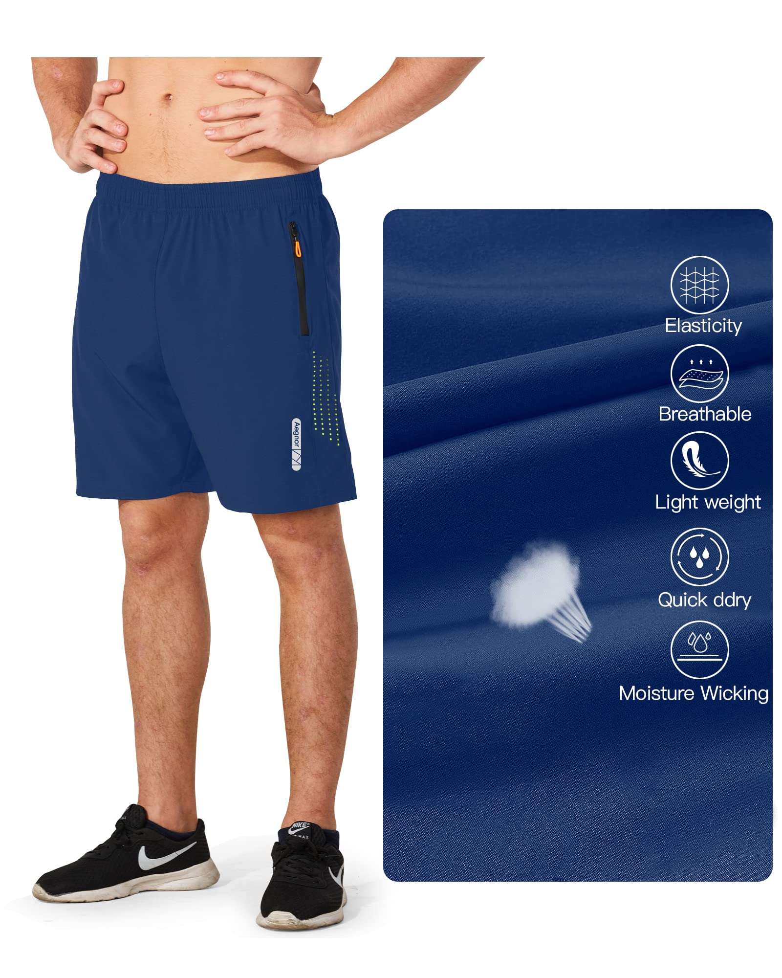 Aegnor Men's Athletic Shorts with Zipper Pockets Quick Dry Shorts Lightweight Workout Basketball Training Running Gym Shorts Blue