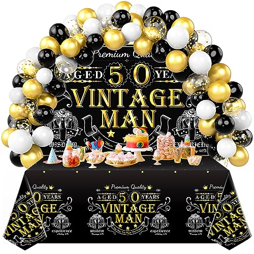 50th Birthday Decorations for Men, Black and Gold Birthday Party Decorations Confetti Balloons Kit 57 Pieces Back in 1973 Vintage Man Birthday Photography Backdrop Banner Tablecloths Supplies Cheers to 50 Years