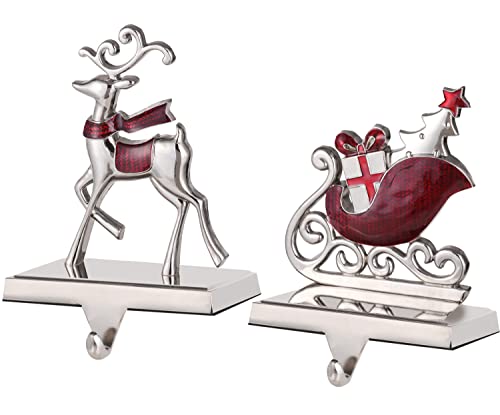 Christmas Stocking Holders for Mantle Set,Silver Christmas Stocking Hangers for Fireplace ,Deer and Sleigh Mantel Hanger Hooks for Stocking Hanging Ornament Firepiece Xmas Decor (Reindeer and Sleigh)