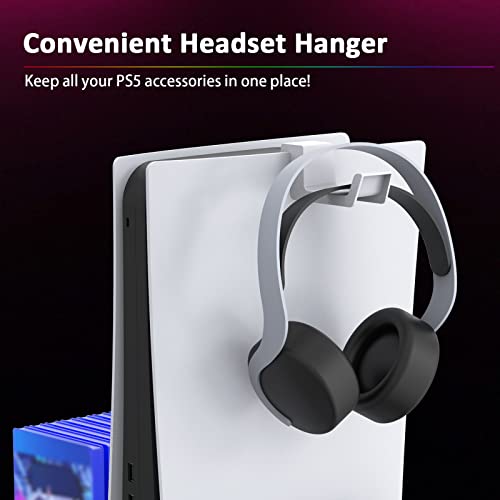 NexiGo PS5 Slient Cooling Stand with RGB LED Light, Dual Charging Station Compatible with DualSense Edge Controller, Hard Drive Slot, Headset and Remote Holders, 10 Game Slots, White
