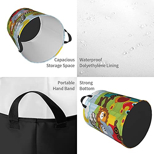 Laundry Basket,Cartoon Baby Safari Wild Animals In A Train With Striped Backdrop Toys Artwork,Large Canvas Fabric Lightweight Storage Basket/Toy Organizer/Dirty Clothes Collapsible Waterproof For College Dorms-Large