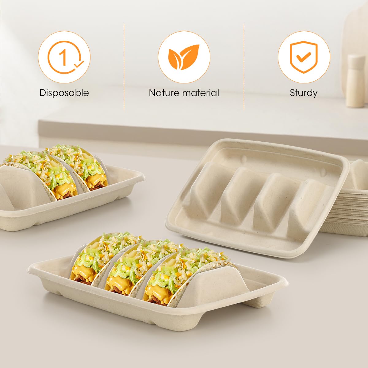 Aieve Disposable Taco Holders with 3 Dividers, 15 Pack Taco Stands, Trendy Taco Plates Taco Bar Serving Dishes