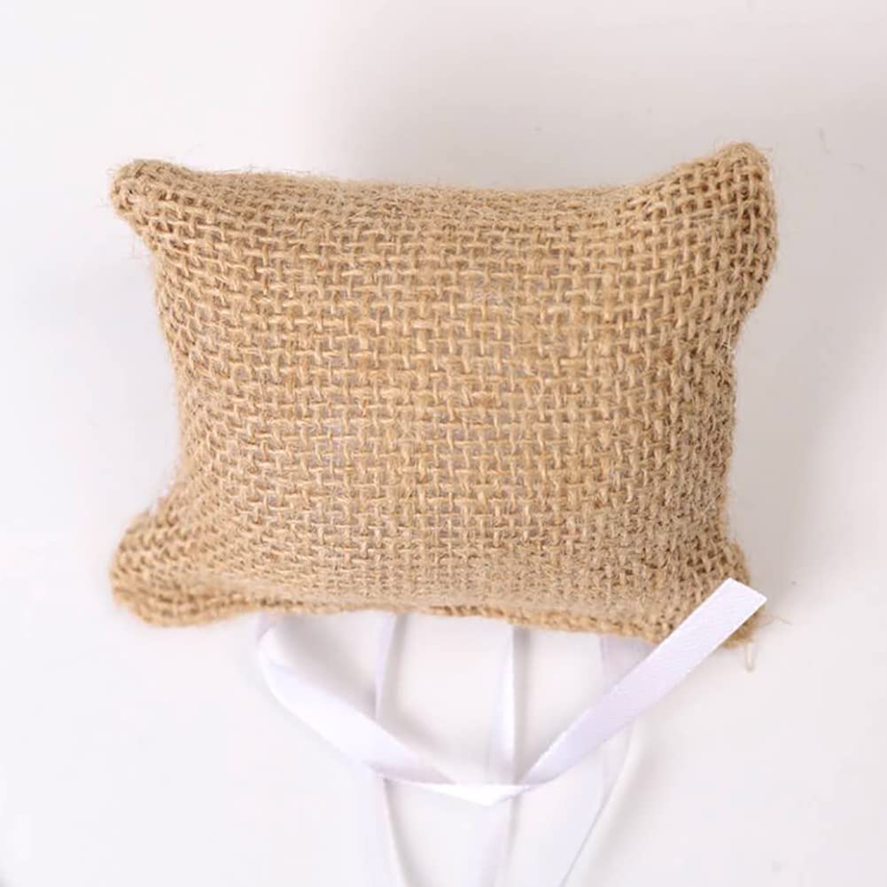 ccHuDE 2 Pcs Burlap Ring Pillows Wedding Ring Bearer Pillow Lace Bridal Ring Holders Vintage Ring Display Pillows with Bows
