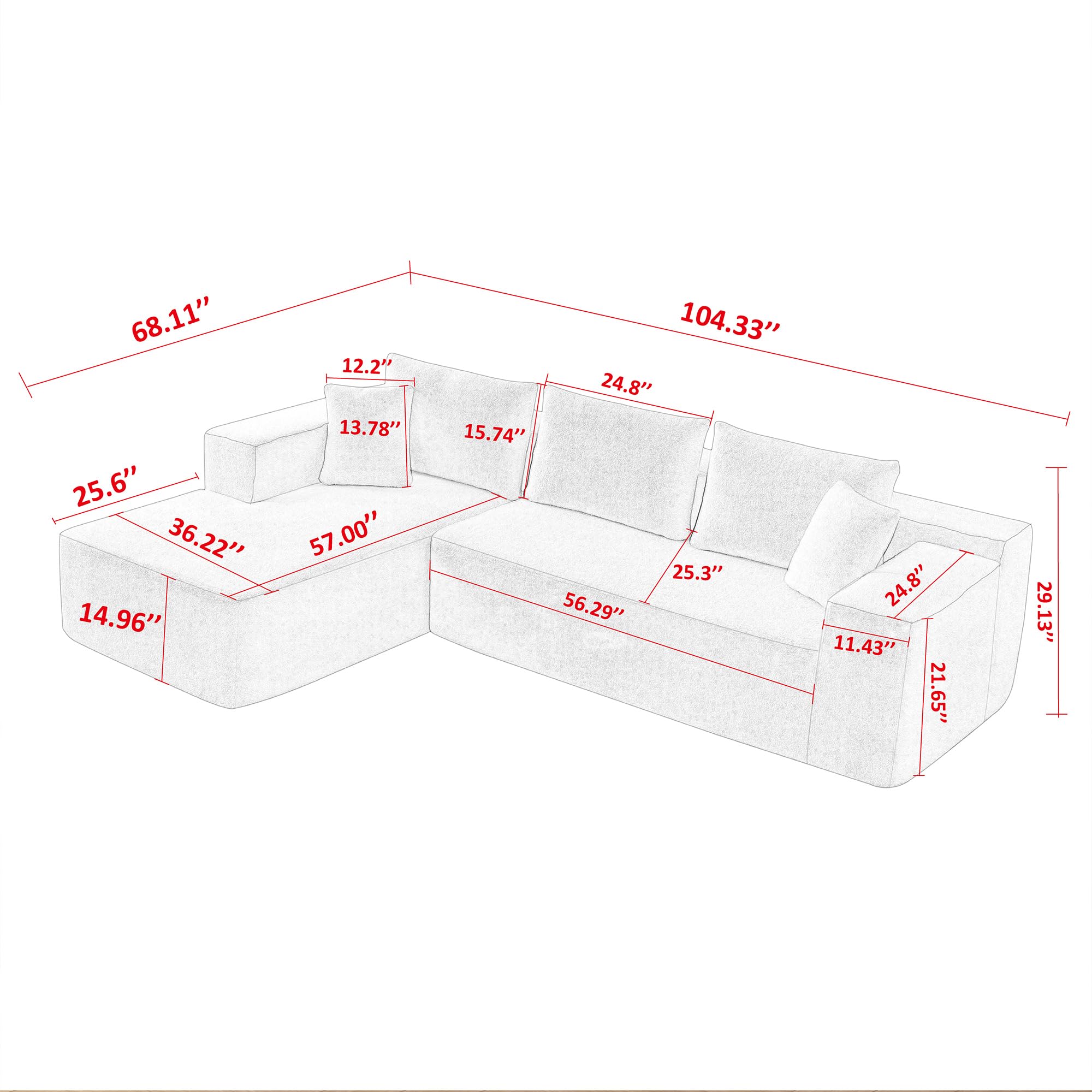 BAMOOLI 104'' Modular Sectional Couch, Modern L-Shape Sectional Sofa with Chaise Lounge, Comfy Lambswool Fabric Corner Sofa Couch, Upholstered 5 Seater Couch for Living Room, Bedroom, Apartment,Orange