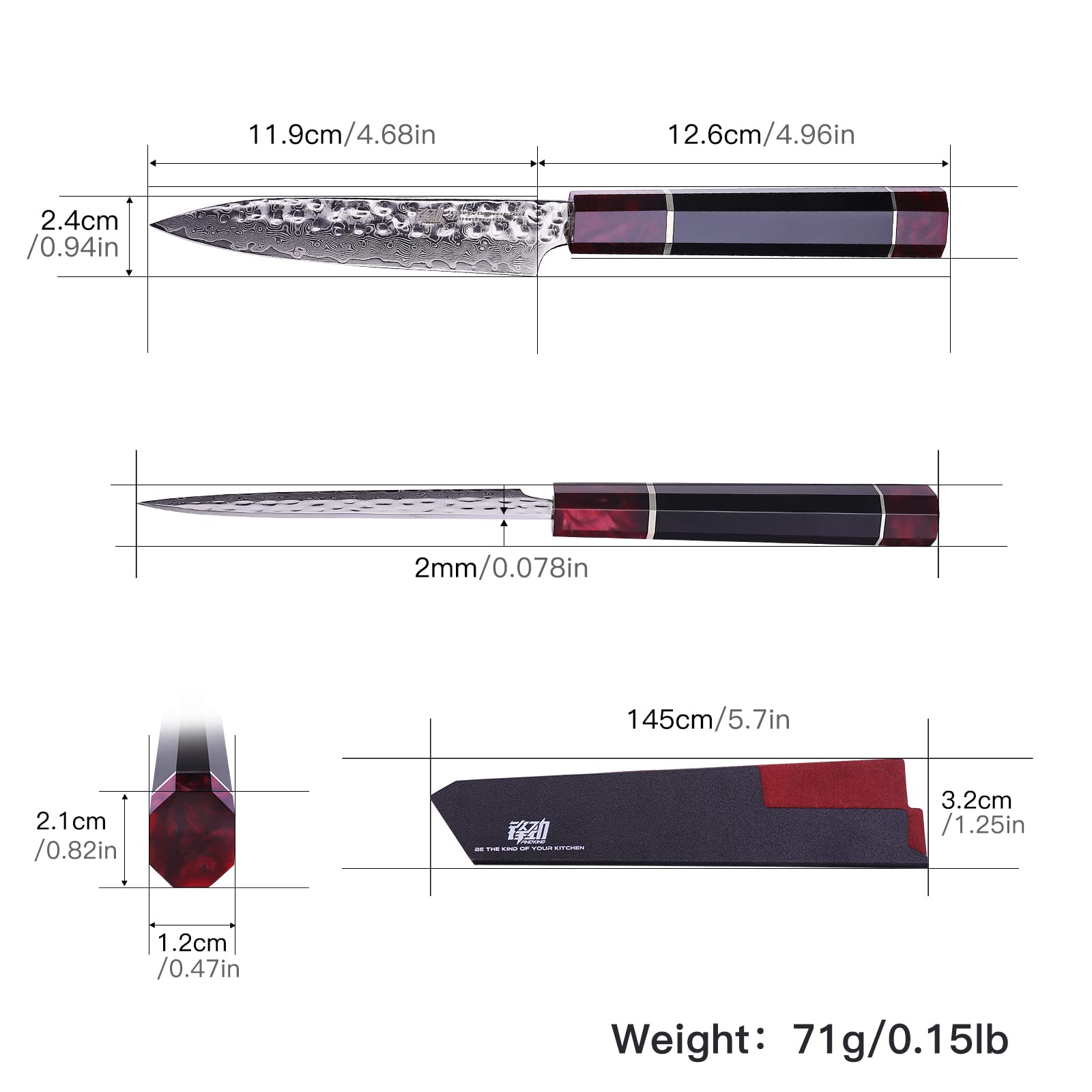 FINDKING 5 Inch Kitchen Utility Knife with ABS sheath, Multi-Purpose Japanese Paring Knife, Damascus Steel Blade, Resin Octagonal Handle, Small, for Fruits Vegetables (Eternity Series)
