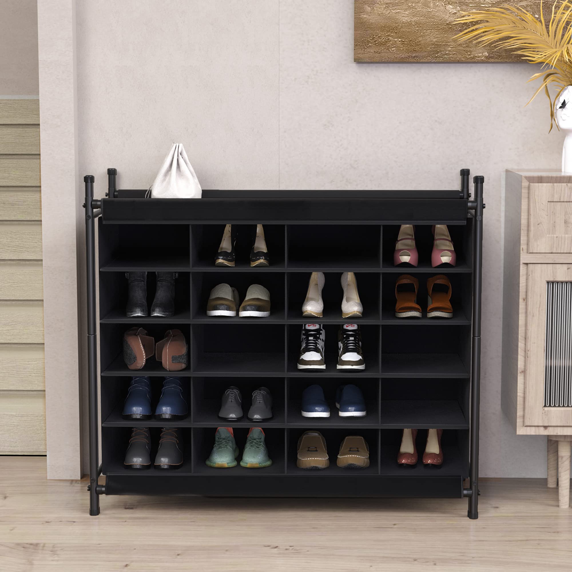 STO STO Shoe Rack Organizer, 5-Tier 20 Pairs Free Standing Stackable Shoe Rack Cubby for Entryway, Closet and Hallway, Black