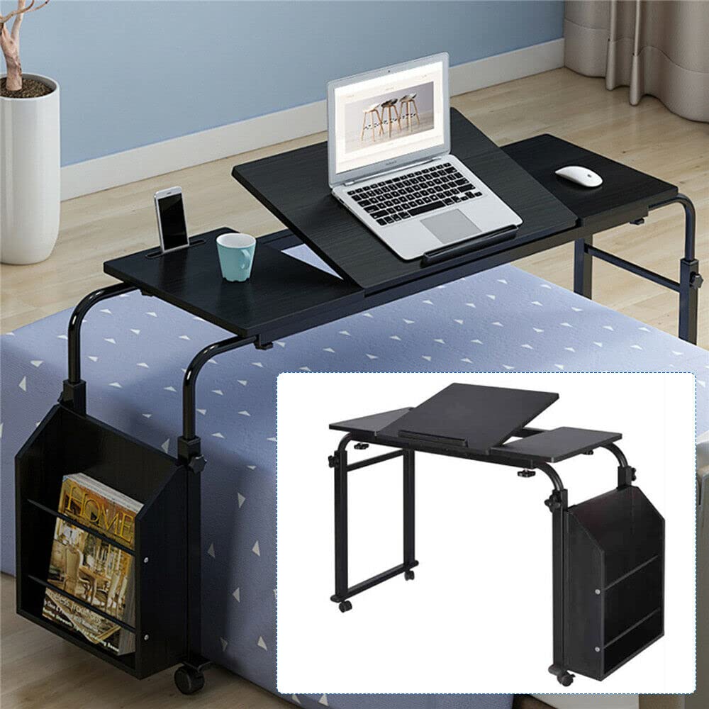JAYEUW Multifunctional Computer Desk, Overbed Table Laptop Desk, Height+Length Adjustable Standing Desk, Movable Study Writing Desk w/Wheels, Adjustable Table Top+Storage Shelf (US Stock)