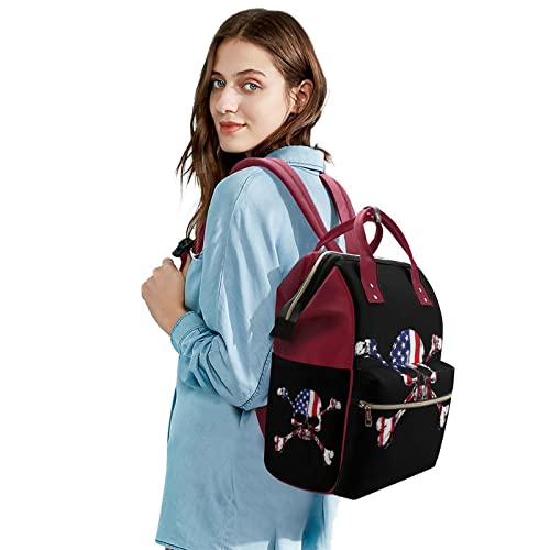 American Flag Skull Diaper Bag Backpack Large Capacity Mommy Bags Multifunction Nappy Bag Travel Back Pack Red-Style