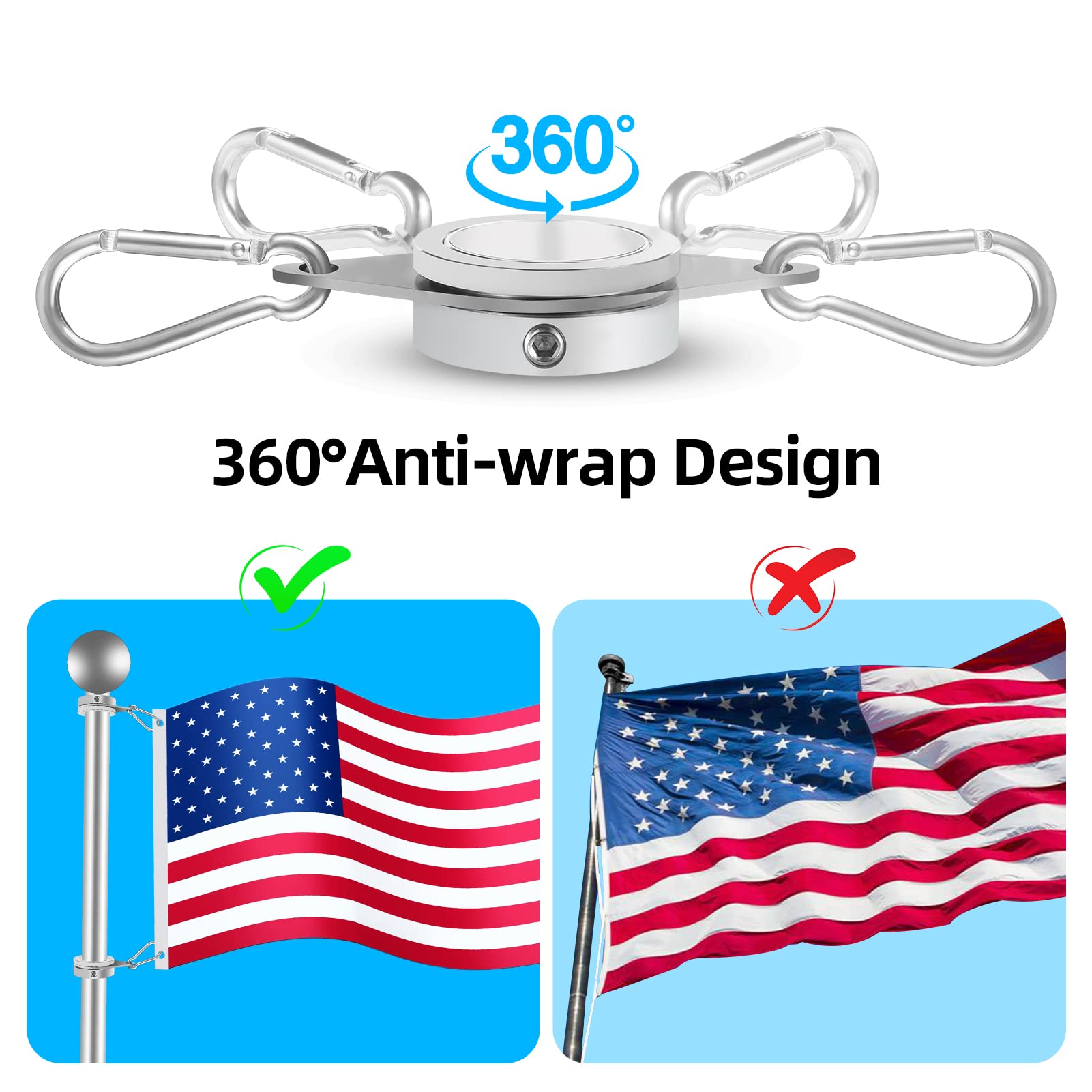 Anovo Flag Pole Rings, Flagpole Rings Aluminum Alloy 360° Rotating Anti Wrap Flag Mounting Spinning Ring Clips for 0.75-1.02 Inch Diameter Flagpole(1 Inch -Pack of 2, Matte Silver)