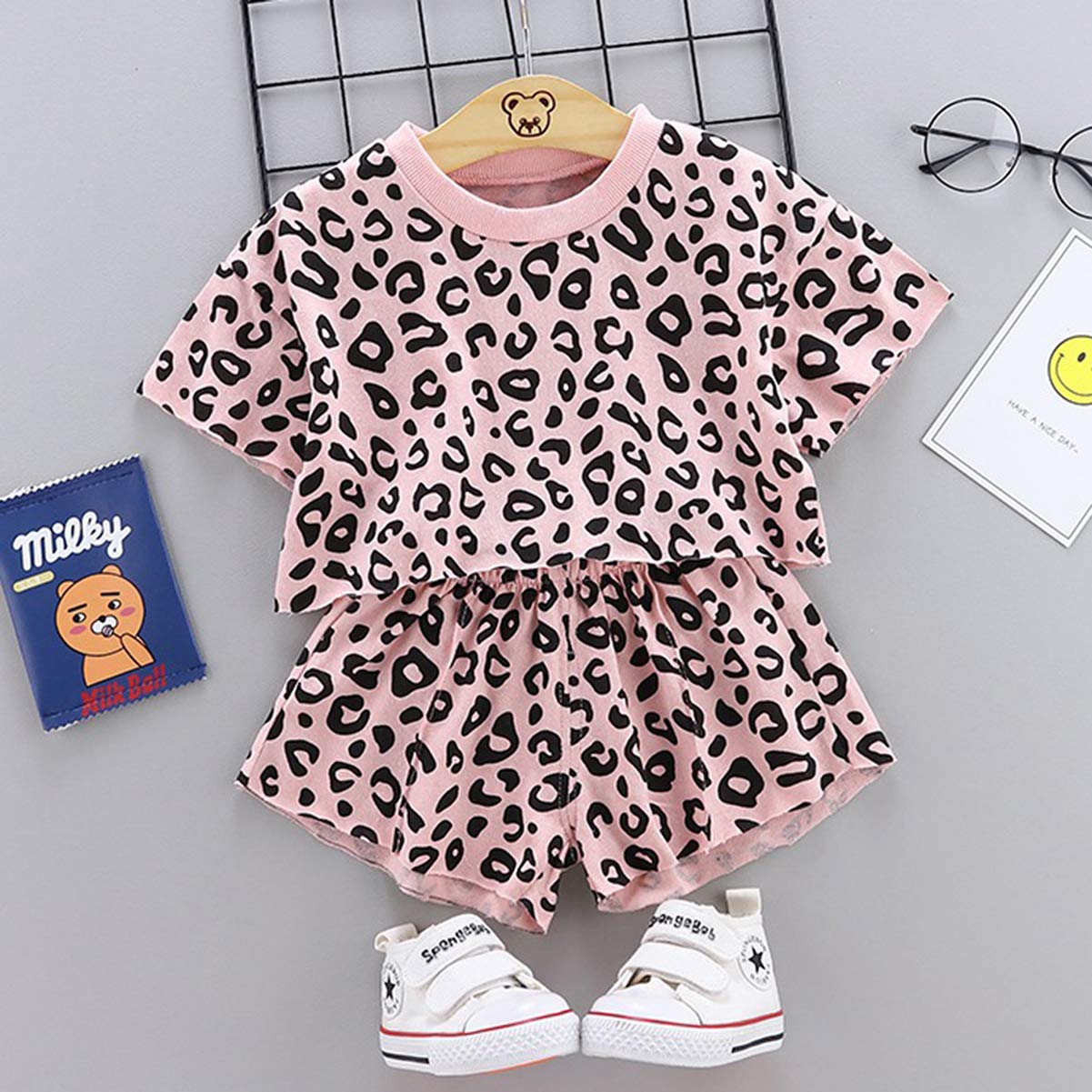 Toddler Baby Girls Leopard Print Summer Clothes Set T-Shirt and Short Pants 2pcs Outfits (1-Pink, 2T)