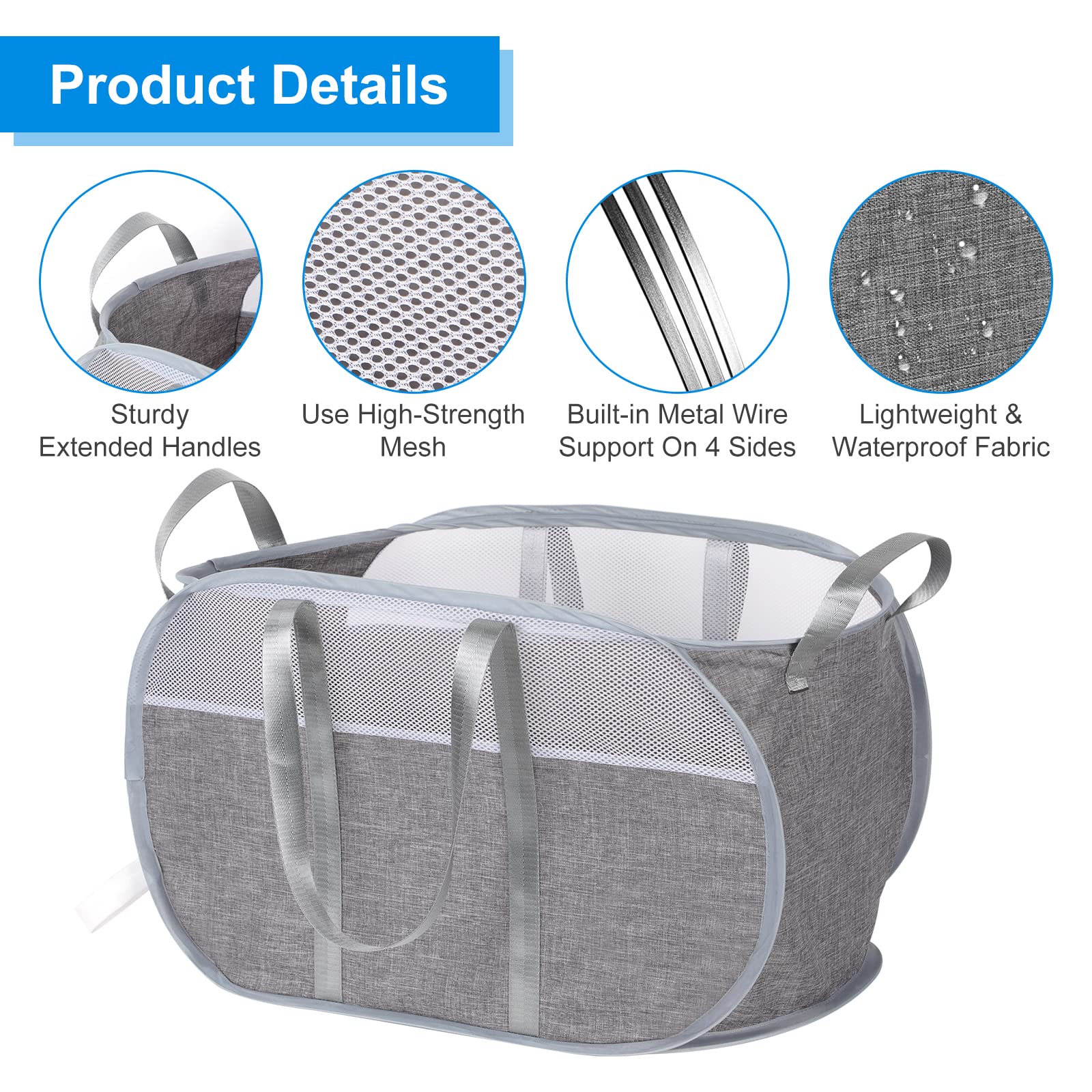 Ceuku 65L Collapsible Laundry Basket 2 Pcs Pop Up Laundry Hampers with 4 Reinforced Carry Handles, Foldable Laundry Basket for Clothes, Toys, Easy to Carry and Go Up or Down Stairs Mesh Laundry Basket