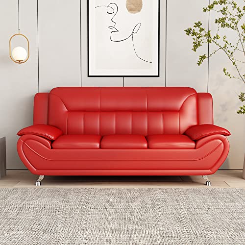 Container Furniture Direct Michael Modern Faux Leather Upholstered Stainless Steel Legs Living Room Loveseat, Red