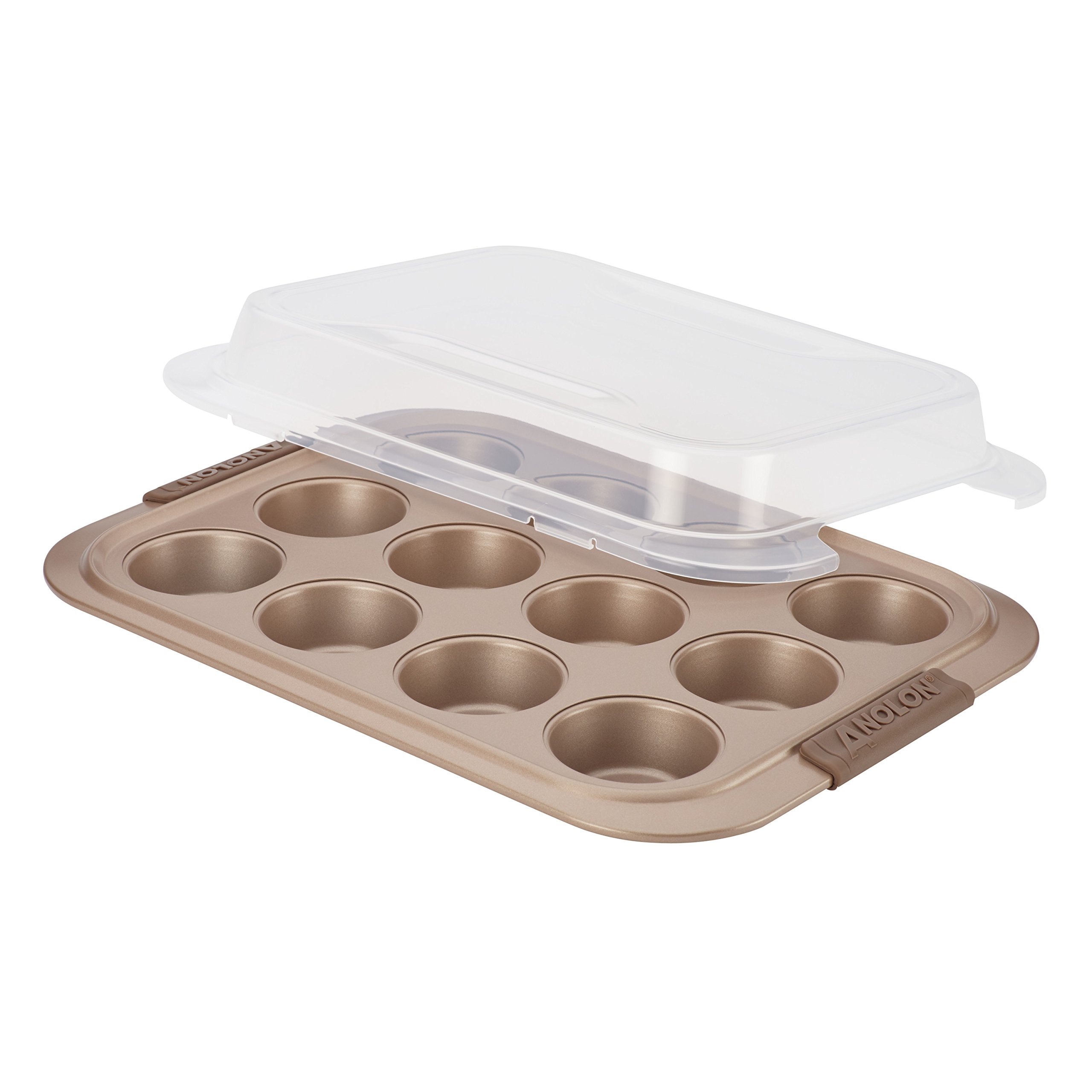 Anolon Bronze Nonstick 12-Cup Muffin Tin With Silicone Grips and Lid / Nonstick 12-Cup Cupcake Tin With Silicone Grips and Lid - 12 Cup, Brown