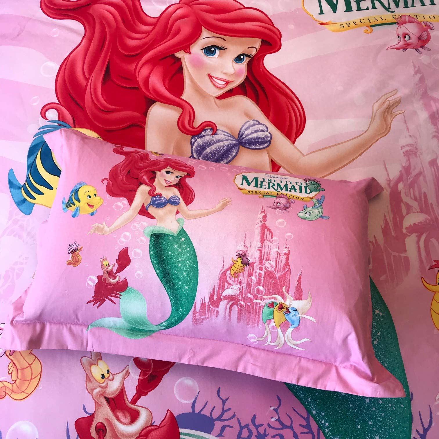 CASA 100% Cotton Kids Bedding Set Girls Mermaid Ariel Duvet Cover and Pillow Cases and Fitted Sheet,4 Pieces,Full