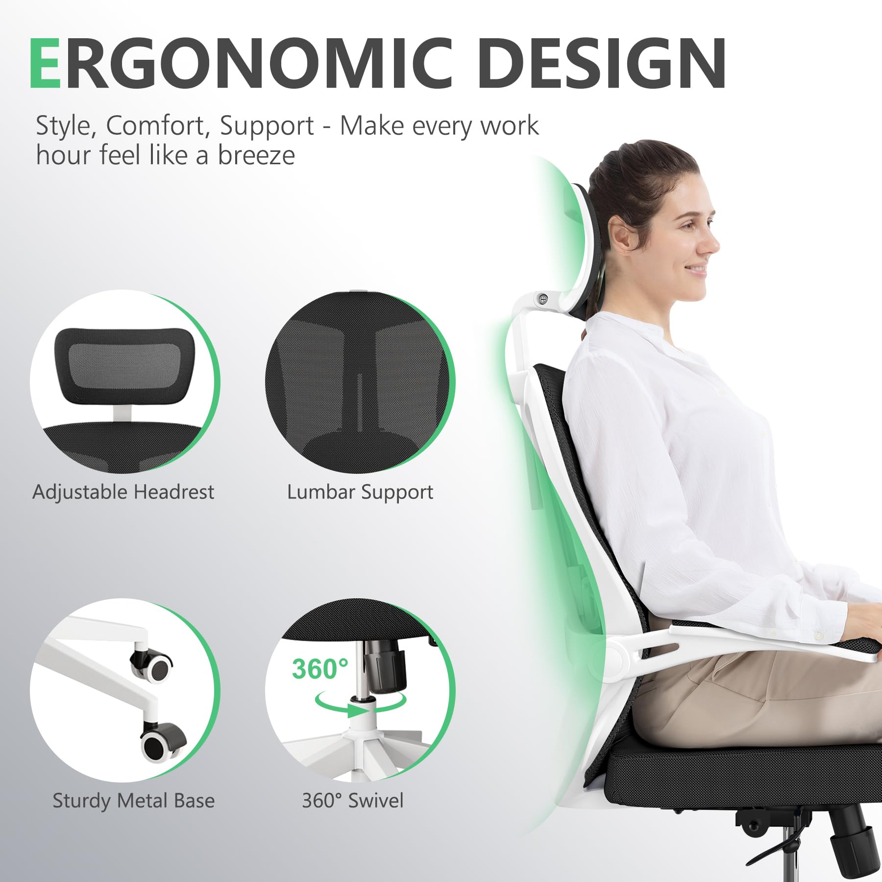 balmstar Desk Office Chair, Ergonomic Comfy Office Chairs, High Back Gaming Chair with Wheels, Home Mesh Computer Chair-350LBS Capacity, Lumbar Support, Adjustable Headrest, Flip-up Armres