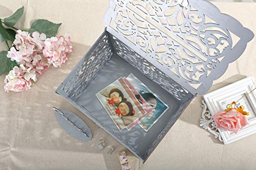 Mimacoo Wedding Money Box Holder with Sign, Large Rustic Wood Wooden DIY Envelop Gift Card Shadow Boxes with Lock Slot for Reception Anniversary (Silver)