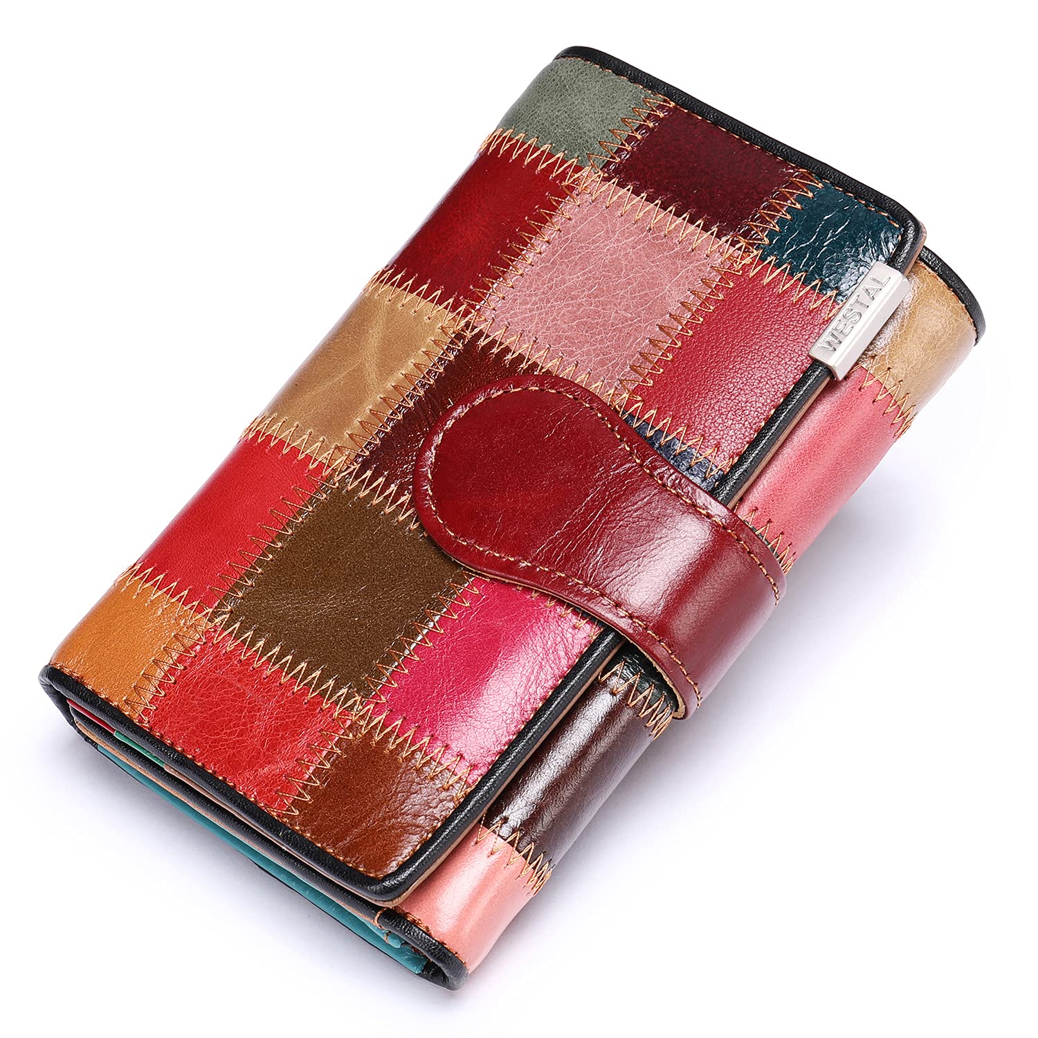 MASIWEI Multicolor Patchwork Wallet for Women, Genuine Leather Elegant Wallets Credit Card Holder with Zip Coin Purse (Multicolored-S2)