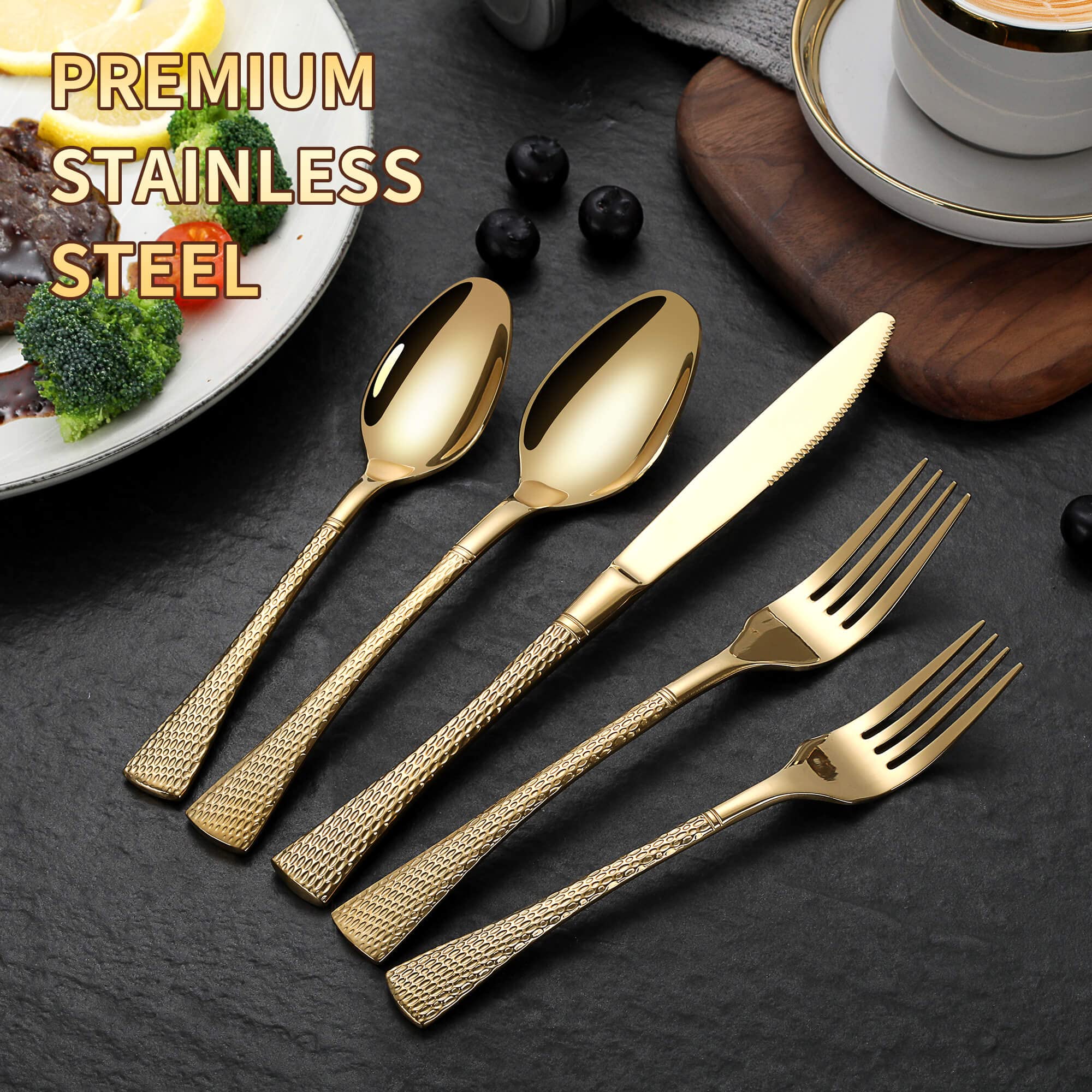 Lemeya Hammered Gold Silverware Set for 4,Stainless Steel 20-Piece Modern Cutlery Set,Mirror Polished Heavy Duty Flatware Set Utensil Set,Knives Spoons and Forks Set,Dishwasher Safe