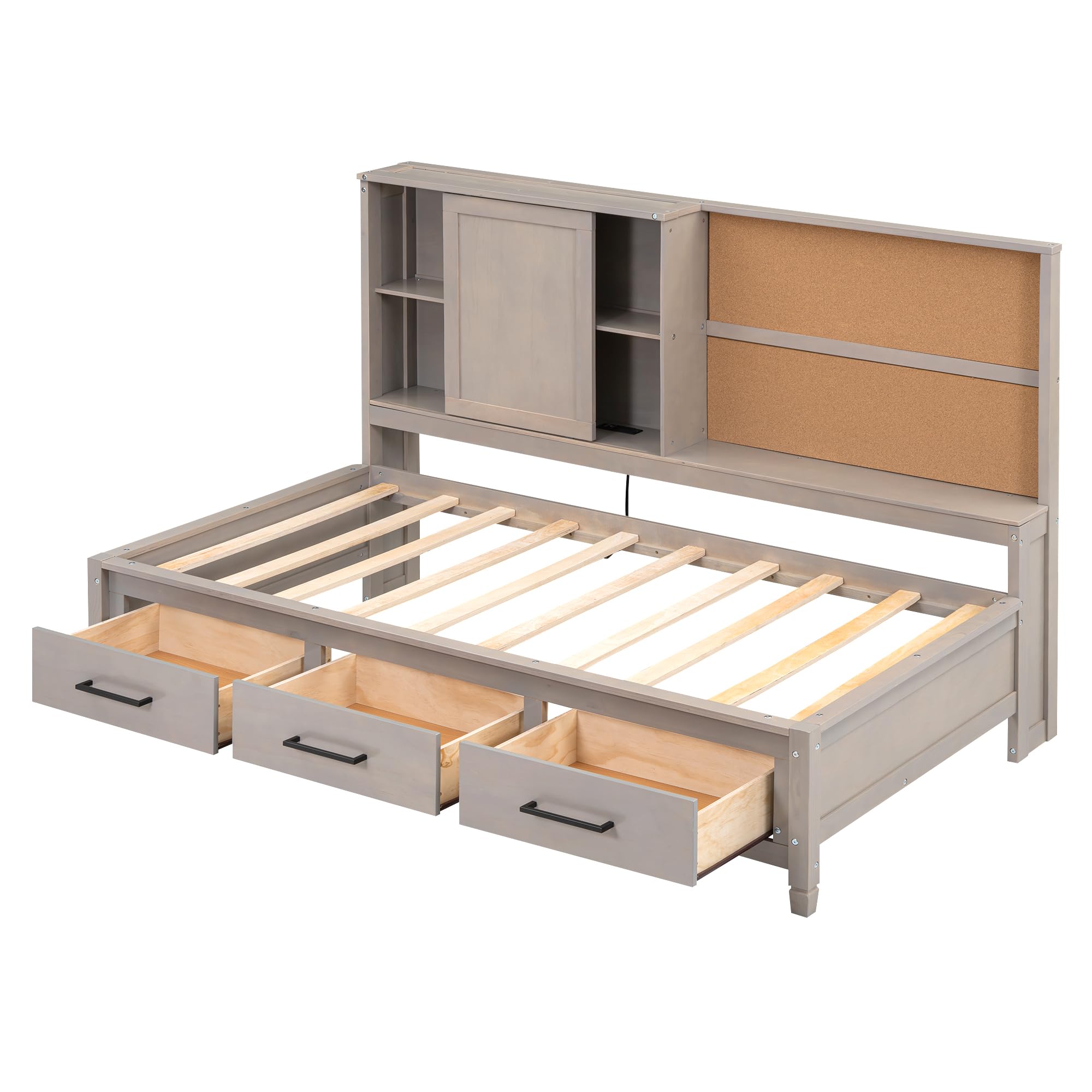 Ball & Cast Twin Daybed with Storage Shelves and 3 Drawers,Bed Frame W/USB Ports,Sliding Doors & Cork Board,for Bedroom,Guest Room,Apartment,Antique Gray
