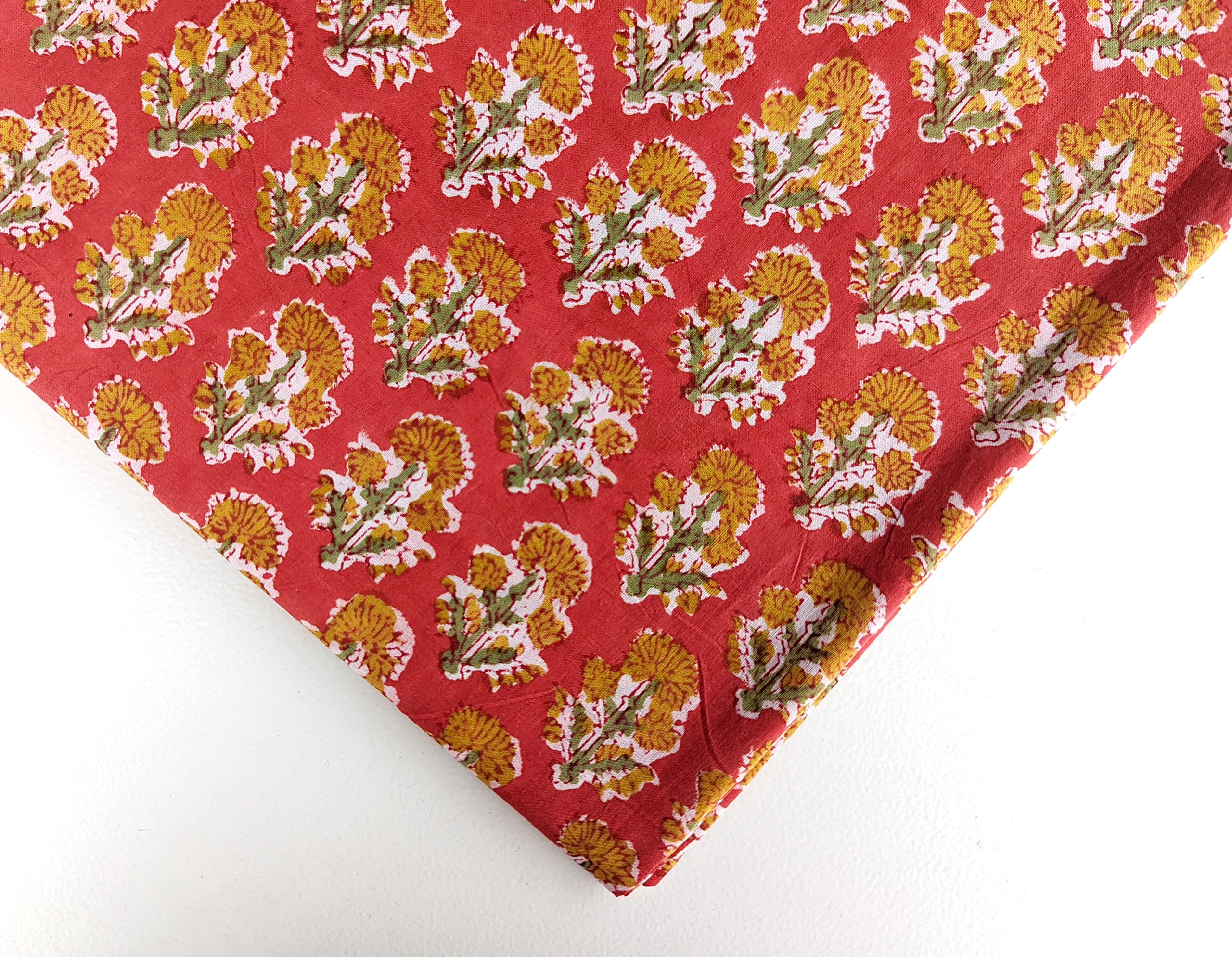 AVKA Studio Hand Block Print Fabric by The Yard - PRECUT 1 Yard 42 Inch Width - 100% Cotton Material - Red Floral Pattern - Light Weight Indian Cloth for Making Summer Dress Tops Indian Fabric etc