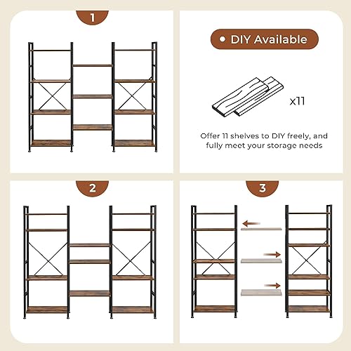 Boloni Triple Bookshelf, Bookcase with 11 Open Platforms, Large Etagere Wood Bookcase with Metal Frame for Living Room, Bedroom, Brown
