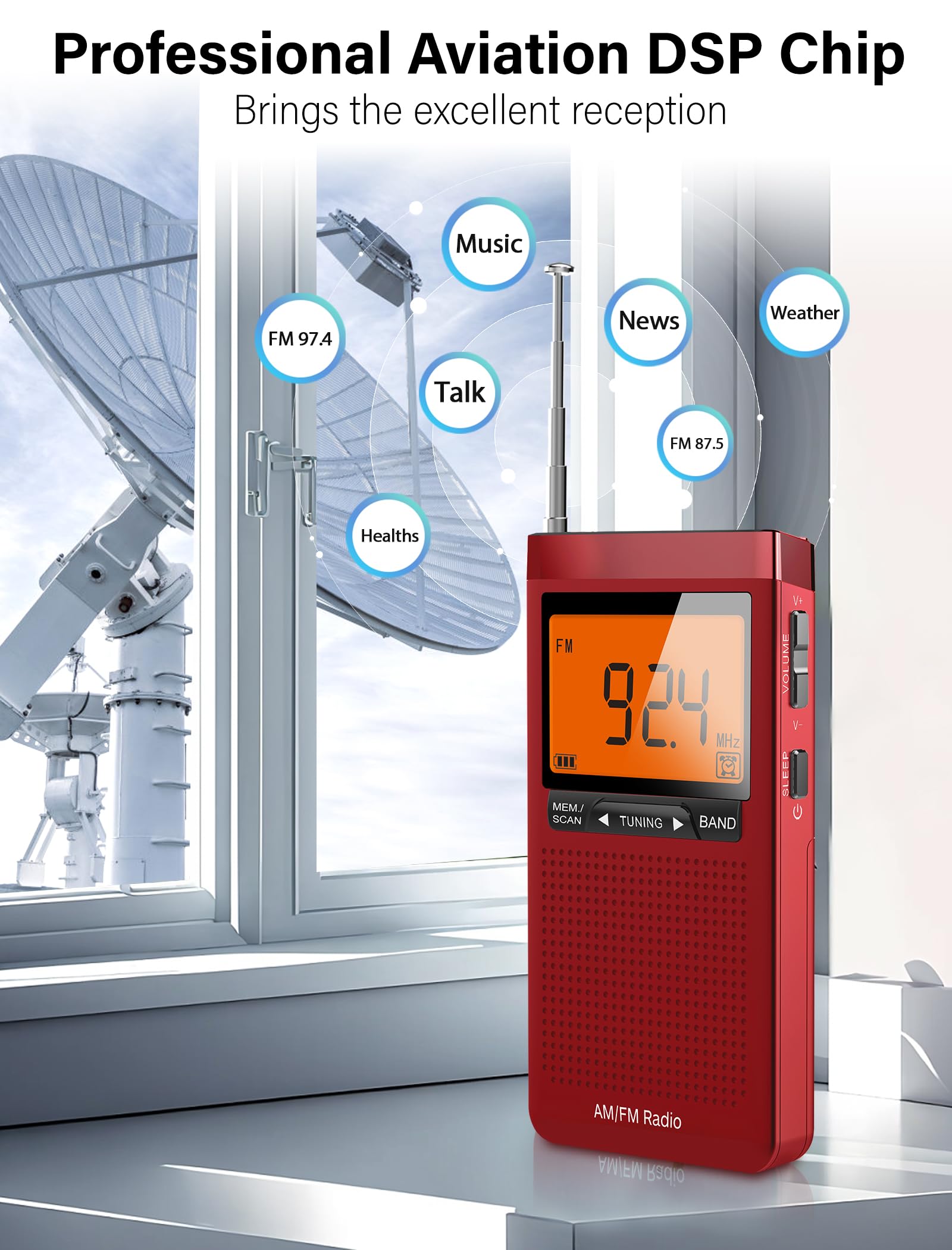 AM FM Portable Radio Personal Radio with Excellent Reception Battery Operated by 2 AAA Batteries with Stero Earphone, Large LCD Screen, Digtail Alarm Clock Radio(Red)