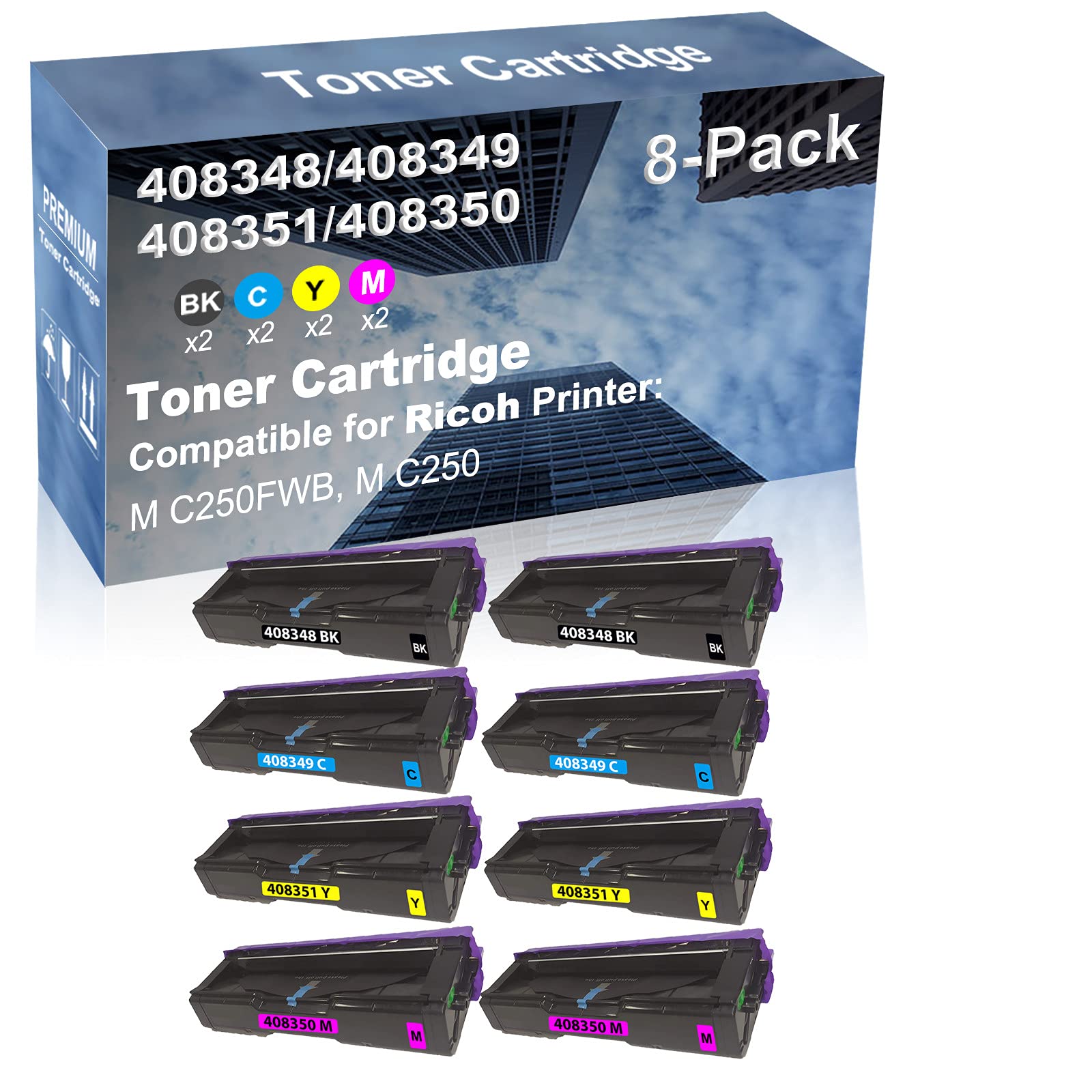 8-Pack (2BK+2C+2Y+2M) Compatible High Yield 408348+ 408349+ 408351+ 408350 Laser Printer Toner Cartridge Used for Ricoh M C250FWB, M C250 Printer