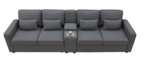 Ball & Cast 114.2" Linen Upholstered Sofa with Consoleand 2 USB Ports Wired or Wirelessly Charged,Modern 4-Seat Couches W/ 4 Pillows and Two Cupholders,for Living Room,Apartment,Dark Grey
