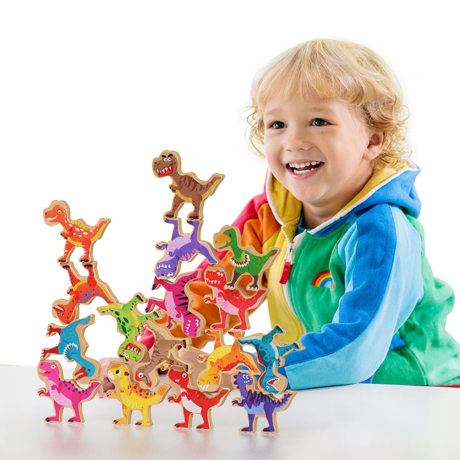 JACATO Wooden Stacking Dinosaur Toys for Kids 3-5, Wooden Montessori Toys for Boys Girls 2 3 4 Year Old, Dinosaur Toys Christmas and Birthday Gifts for Boys Girls 2-6