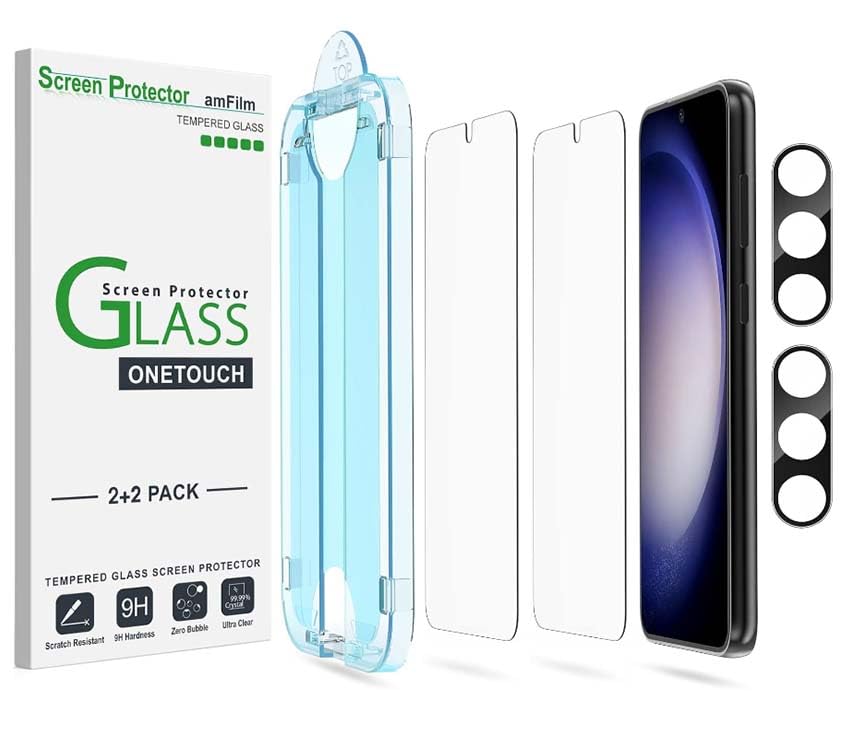 amFilm Auto-Alignment OneTouch for Samsung Galaxy S23 6.1" Screen Protector + Camera Lens Protector, Tempered Glass, 30 Seconds Installation, Bubble Free, Case Friendly, Anti-Scratch [2+2 Pack]