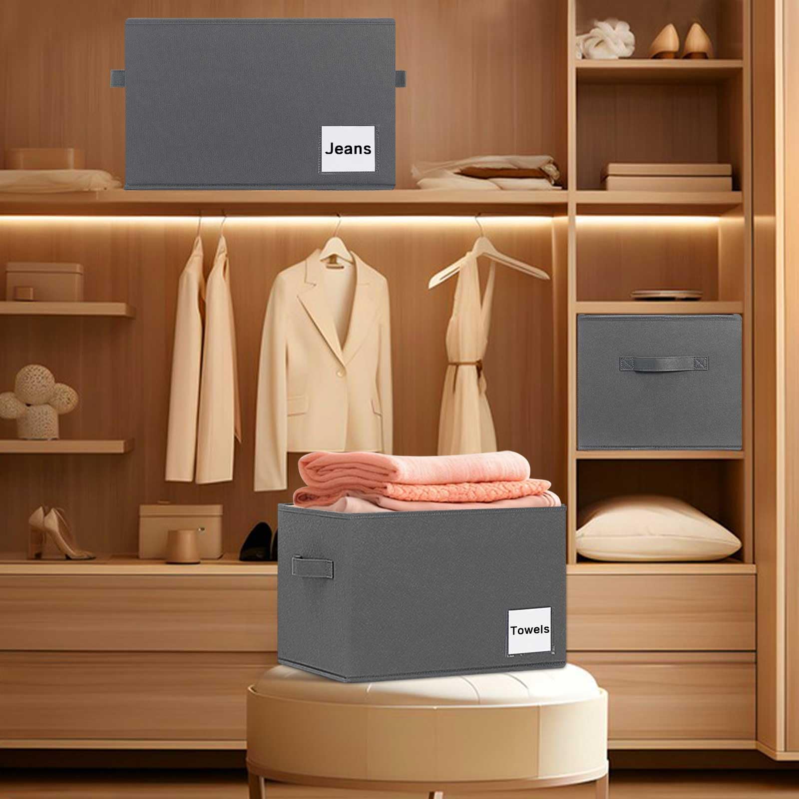 ASXSONN Large Fabric Storage Bins 3 Pack, Collapsible Closet Storage Bins for Shelves with Label, 15x11in Storage Baskets for Shelves, Fabric Closet Organizers and Storage Bins with Handles (Grey)