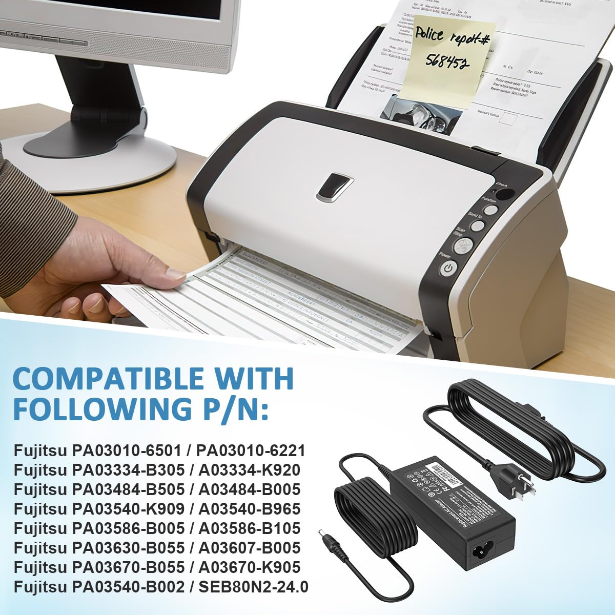 EAGLEGGO 24V 3A 72W AC to DC Adapter Power Supply Replacement for Fujitsu Image Scanner FI-Series fi-6130Z fi-6140Z fi-6230Z fi-6240Z S1500 S1500M AC Power Cord