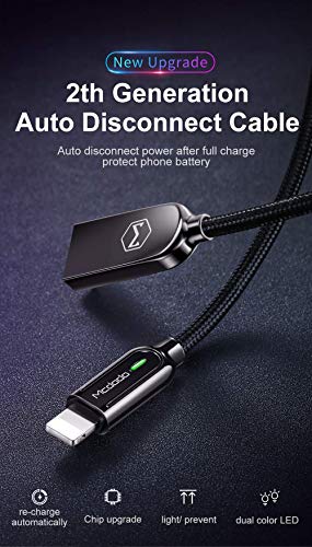 Upgraded Power Off/On Smart LED Auto Disconnect Nylon Braided Sync Charge USB Data 6FT/1.8M Cable Compatible iPhone/iPad Pro/Air,iPad Mini,iPod (2 Pack Red (iPhone), 6FT)