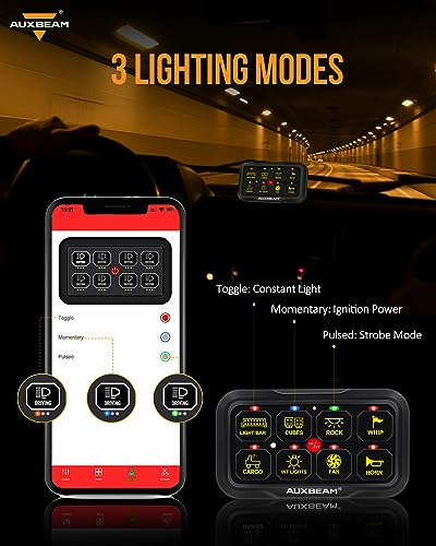 Auxbeam RGB Bluetooth 8 Gang Switch Panel AR-820 Toggle Momentary Pulsed Switch Pod for Truck UTV Offroad Boat with 47 inch Extension Wiring Harness