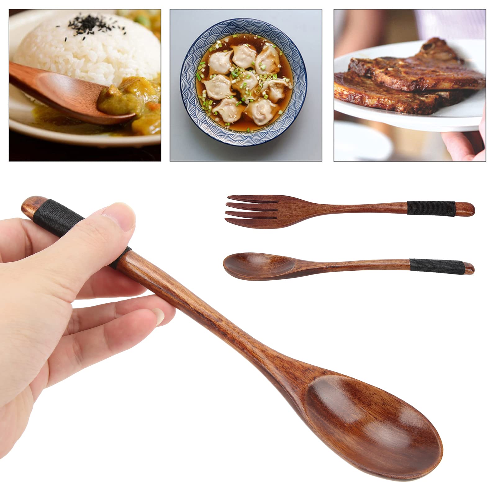 6pcs Spoons and Forks Set, Reusable Wooden Forks and Spoons for Eating 8.9in Japanese Wooden Utensil Set Natural Wood Cutlery