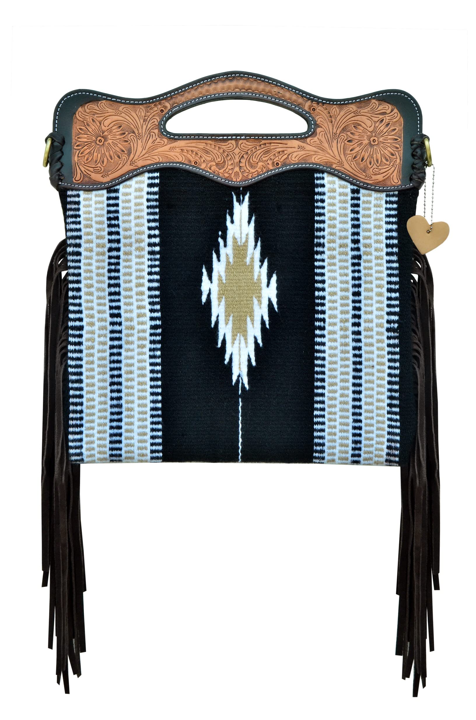 Affilare Saddle Blanket Shoulder Bag with Fringes and Hand Tooled Strap and Hand tooled Handle Panels 20AB006
