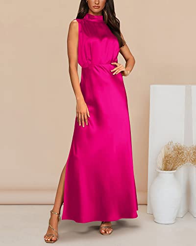 BTFBM Women Sleeveless Mock Neck Cocktail Dresses Keyhole Elastic Waist Party Wedding Guest Satin High Split Maxi Dress(Solid Rose Red, Medium)