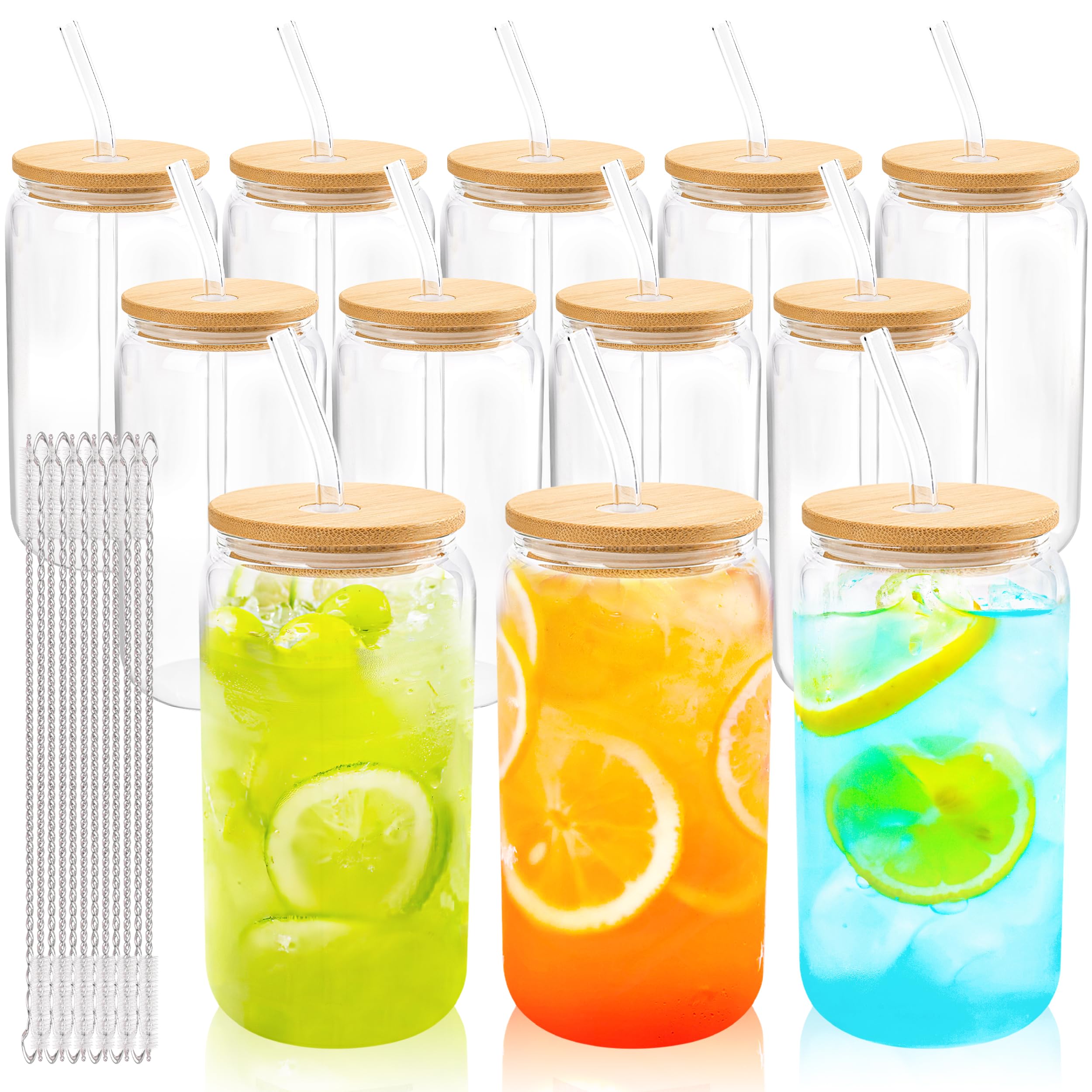 Joyclub 12 Set Glass Cups with Bamboo Lids and Straws 16oz Can Shaped Reusable Iced Coffee Cups with Lids, Drinking Glasses Tumbler with Straw and Lid for Soda Boba Tea Cocktail Whiskey Gift