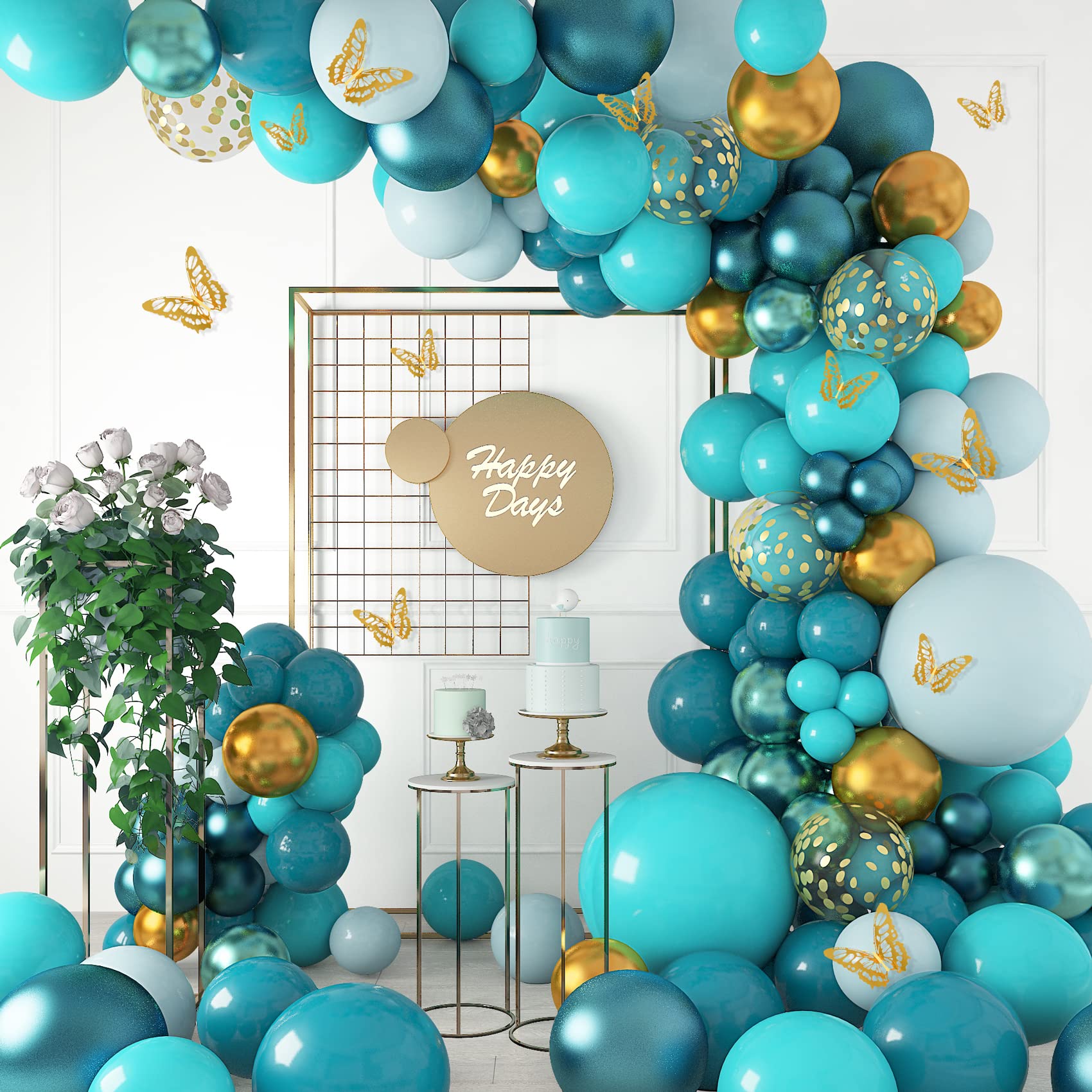 Amandir 168PCS Teal Balloons Garland Arch Kit, Double-Stuffed Dark Teal Blue Turquoise Metallic Gold Green Balloons with 12Pcs Butterfly for Birthday Wedding Baby Shower Party Decorations