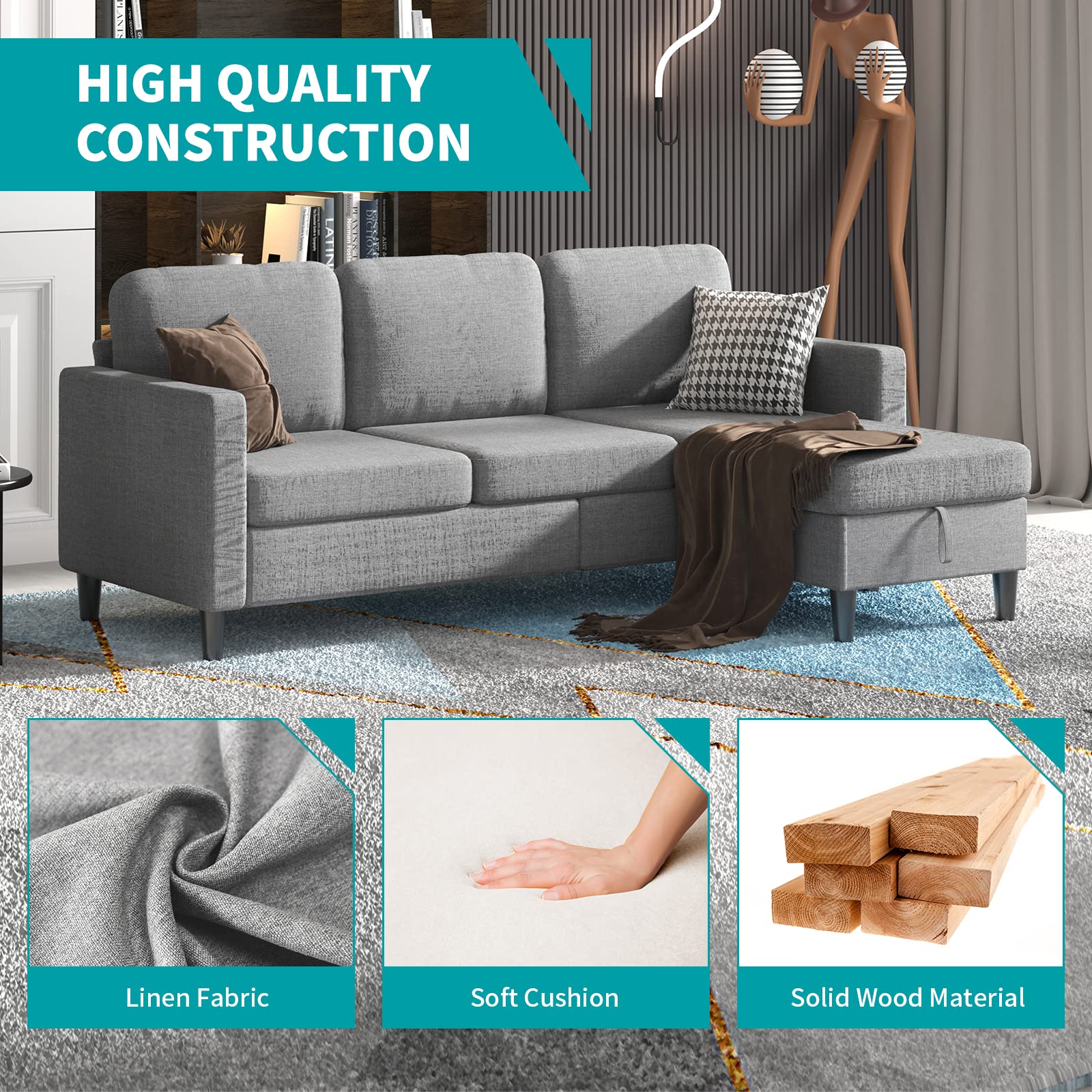 BALUS Convertible Sectional Sofa Couch, 3-Seat L-Shaped, Free-Form with Movable Storage Ottoman, Modern Design for Living Room and Office Spaces, Comfortable and Versatile(Light Gray)