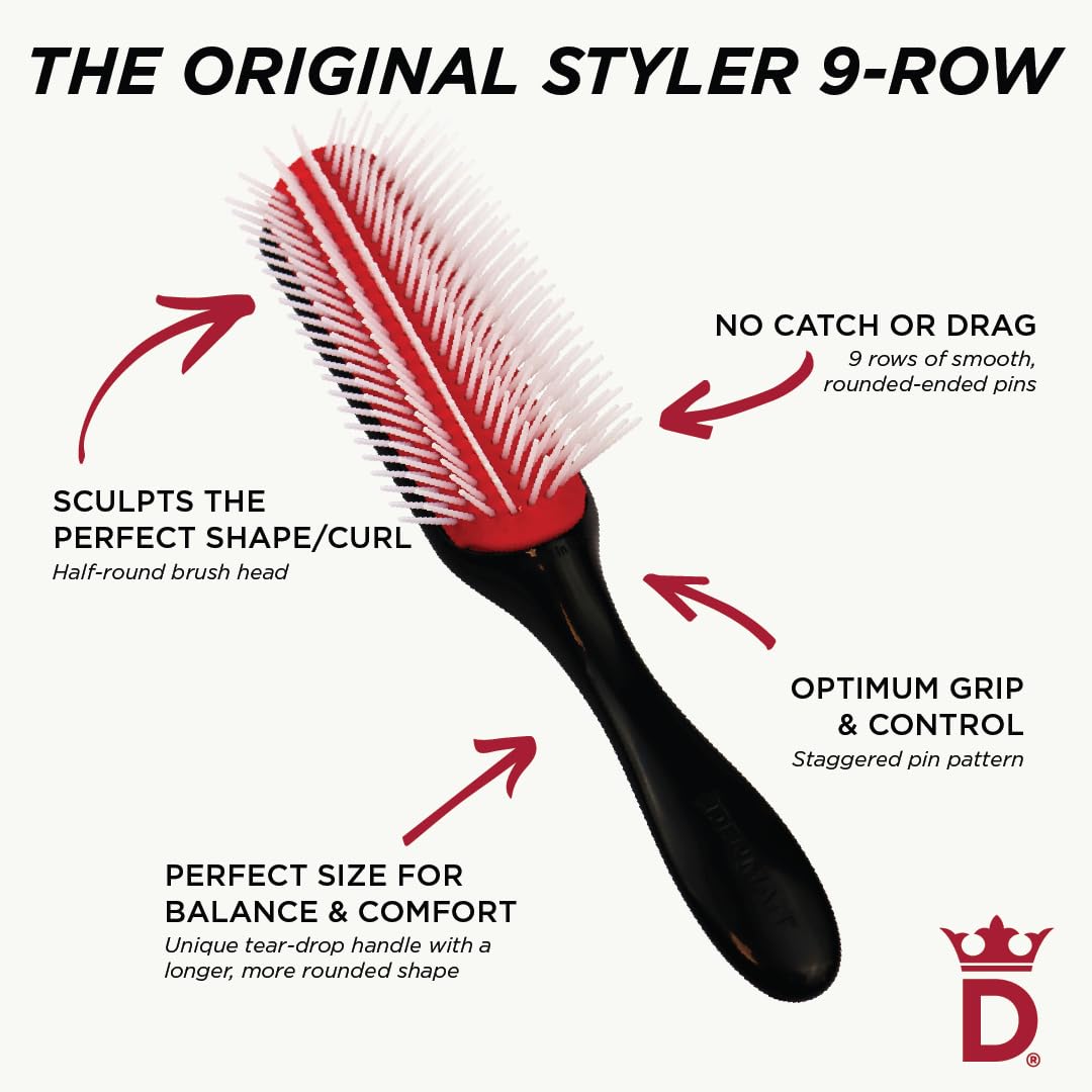 Denman Original Curl Definer & Styler 9 Row Hairbrush for Detangling, Separating, and Defining Longer Curls, Curly Hairbrush - Black