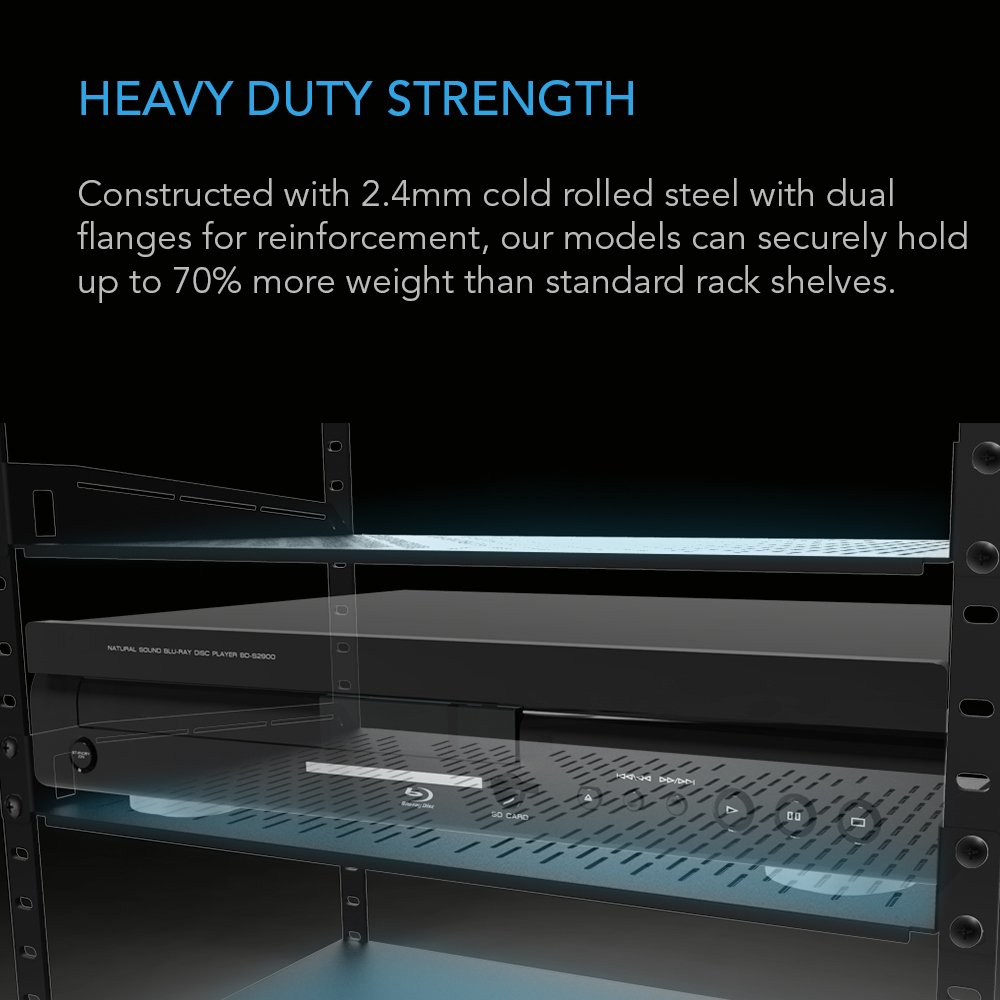 AC Infinity Vented Cantilever 1U Universal Rack Shelf, 10" Deep, for 19β equipment racks. Heavy-Duty 2.4mm Cold Rolled Steel, 60lbs Capacity