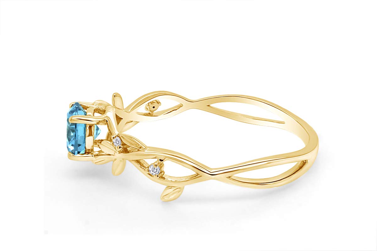 AFFY 6MM Round Cut Simulated Aquamarine & White Cubic Zirconia Floral Ring 14k Yellow Gold Over Sterling Silver Ring Size-8.5