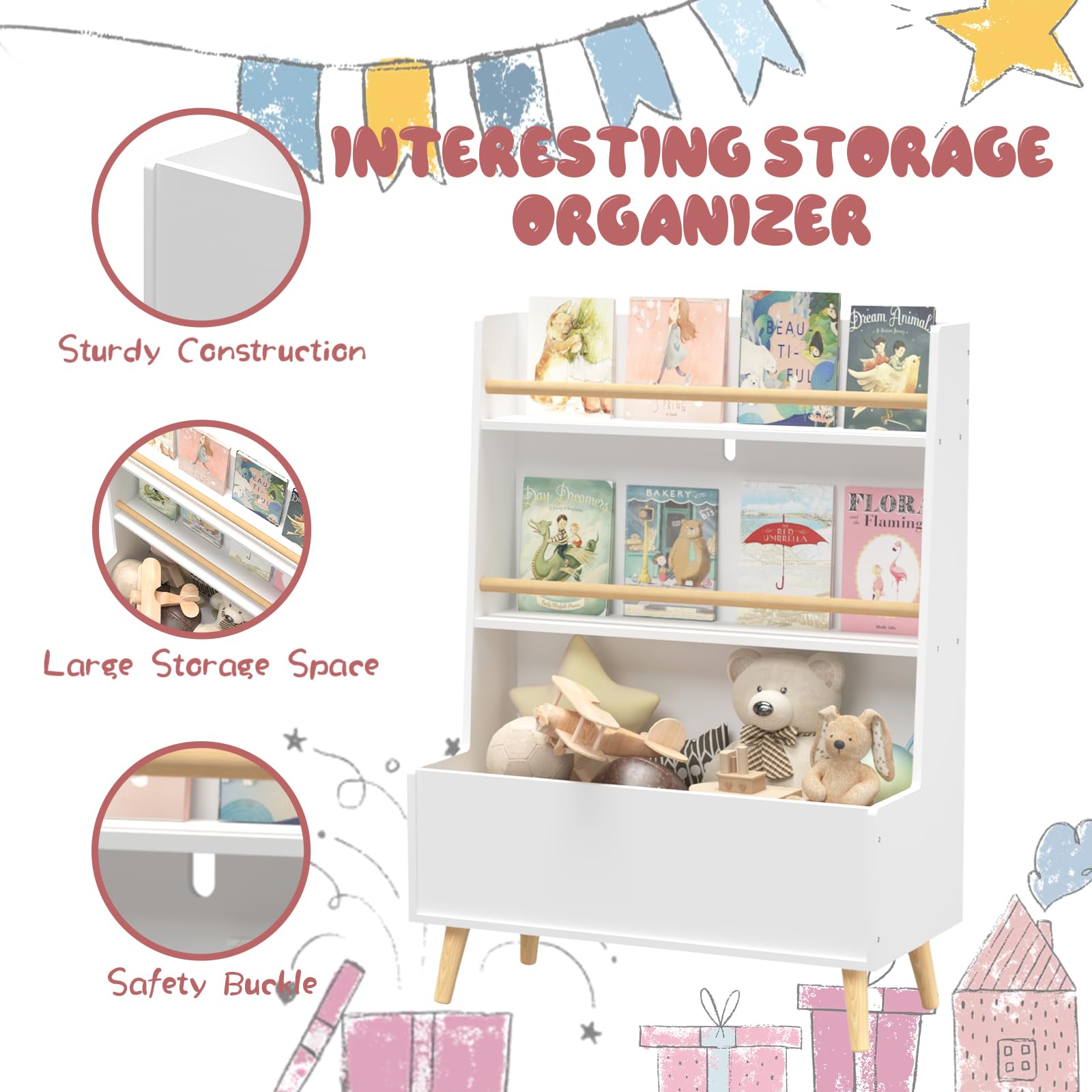 BAOMKONG Kids Bookshelf, Children's Book and Toy Display Rack, Toy Storage Cabinet Organizer for Children's Room, Playroom, Nursery, White